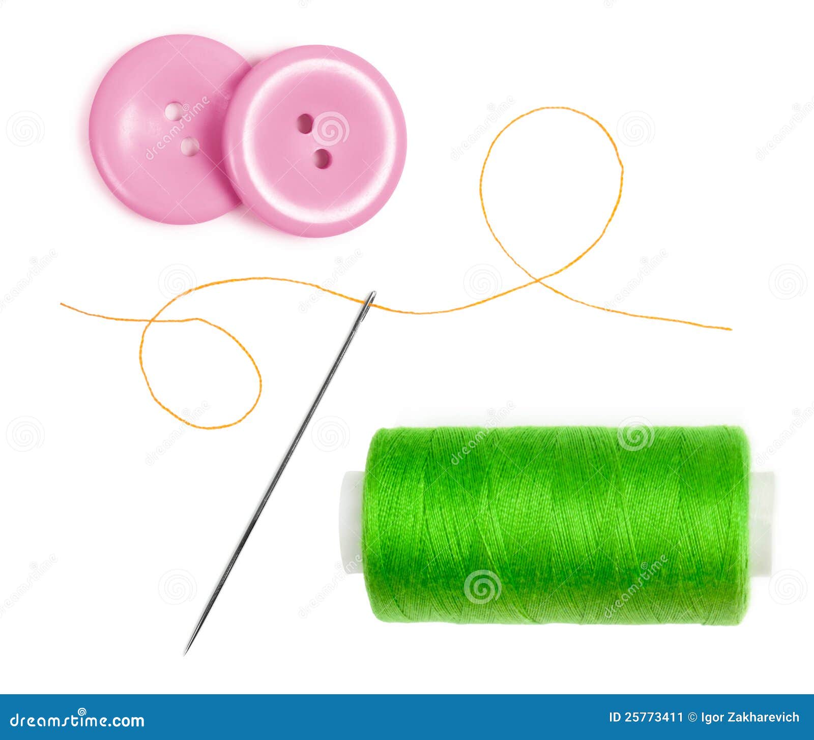 Green Bobbin Thread with Needle and Pink Buttons Stock Image - Image of ...