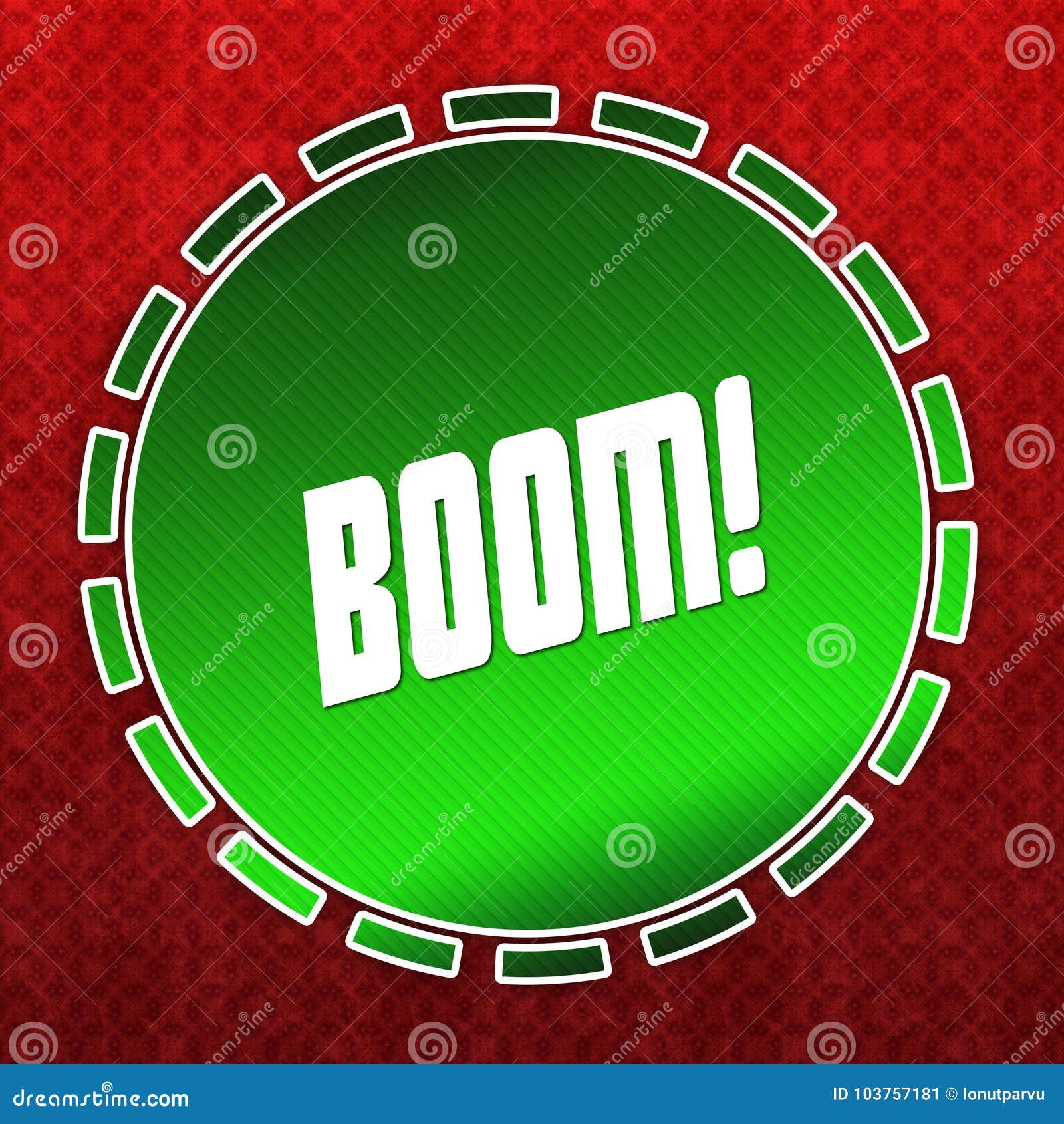 Green BOOM Badge on Red Pattern Background. Stock Illustration ...
