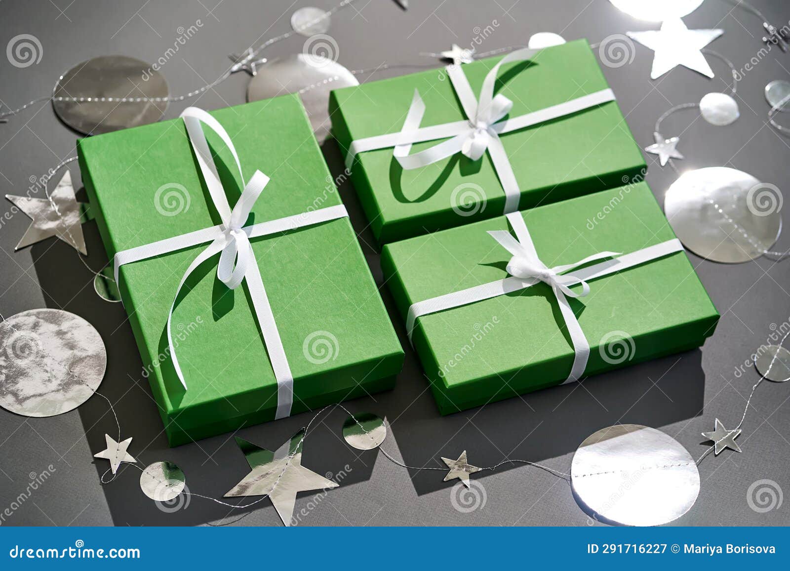 Green Boxes with Gifts on a Gray. Stock Image - Image of decoration ...