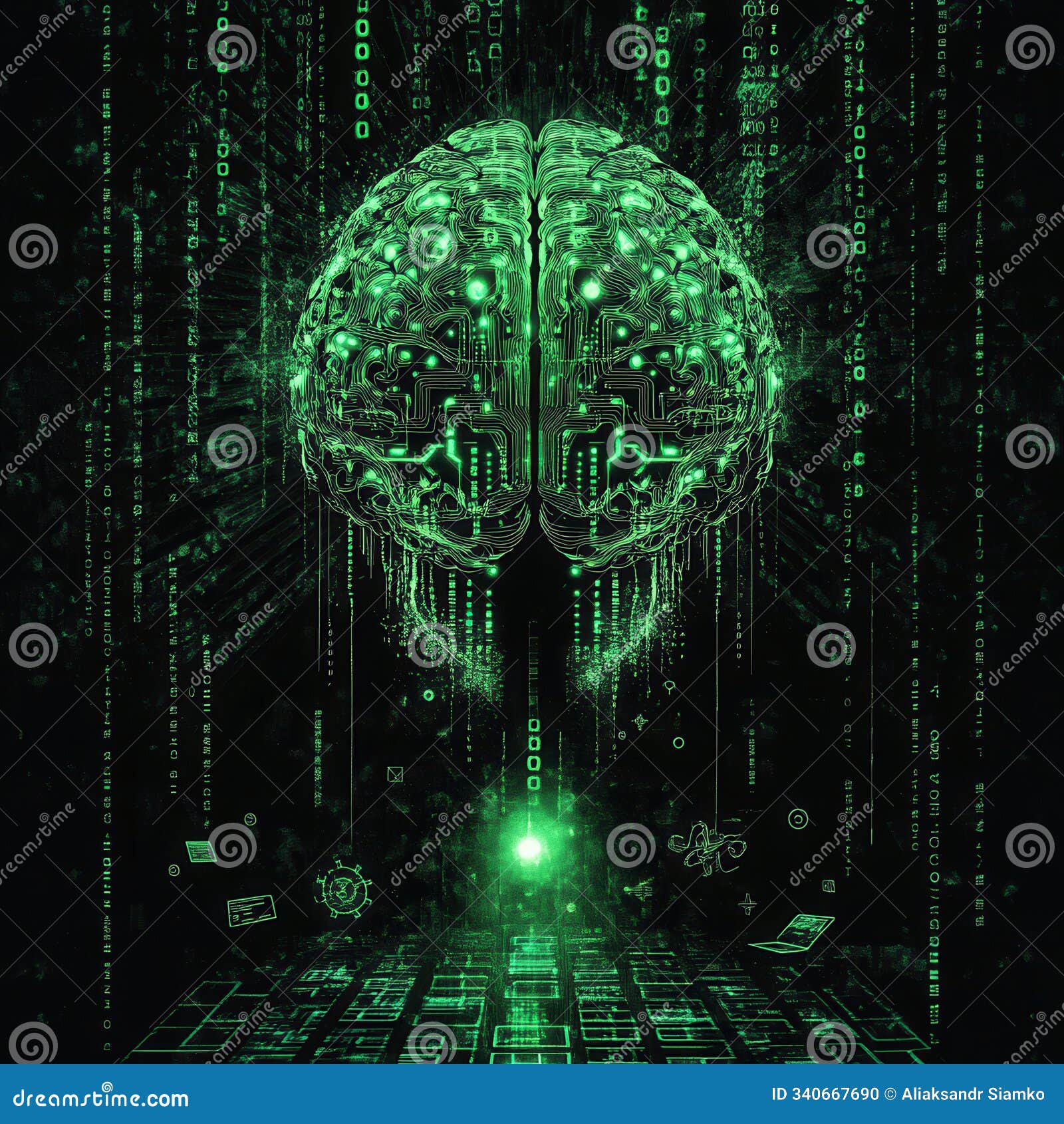 A Green Brain with Binary Codes and Symbols Stock Illustration ...