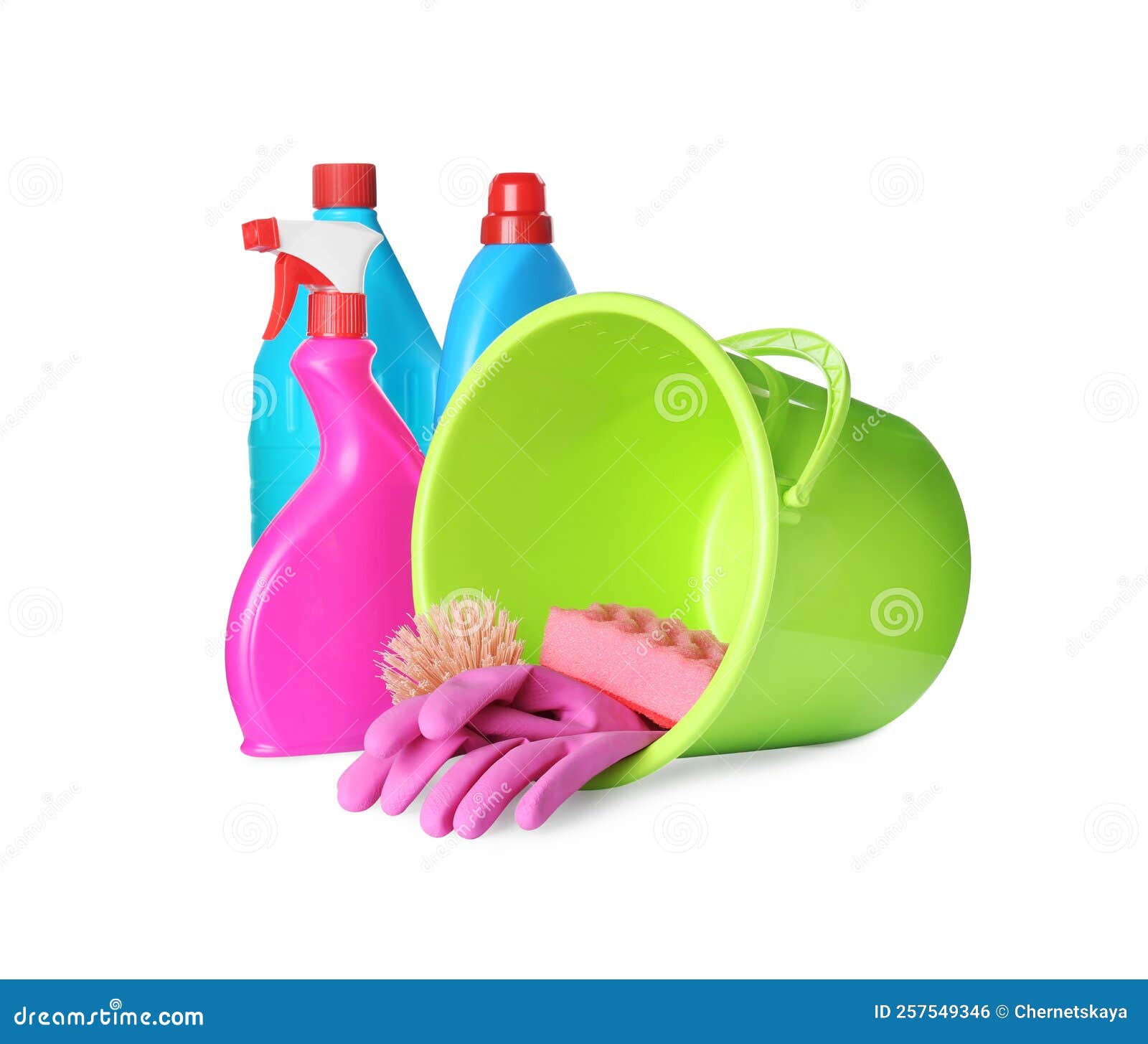 Green Bucket, Cleaning Supplies and Tools on White Background Stock ...