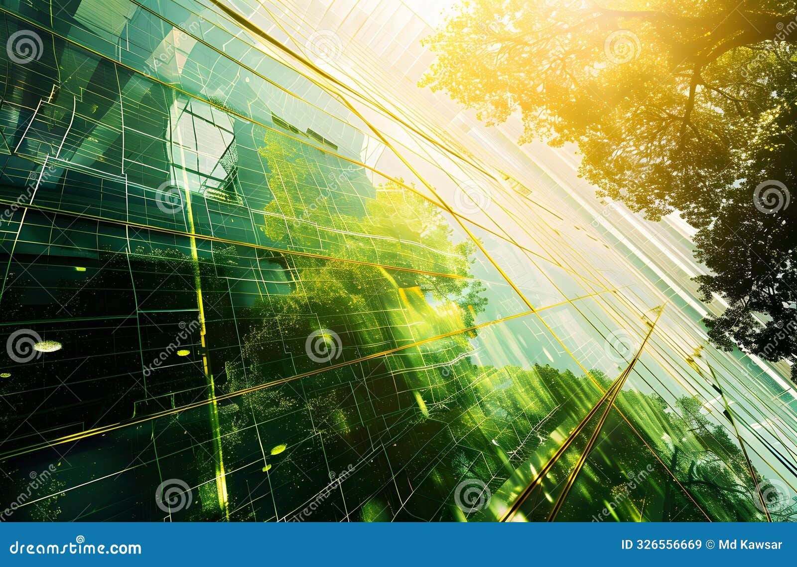 Green Building with Solar Panels and Sunlight Reflections Stock ...