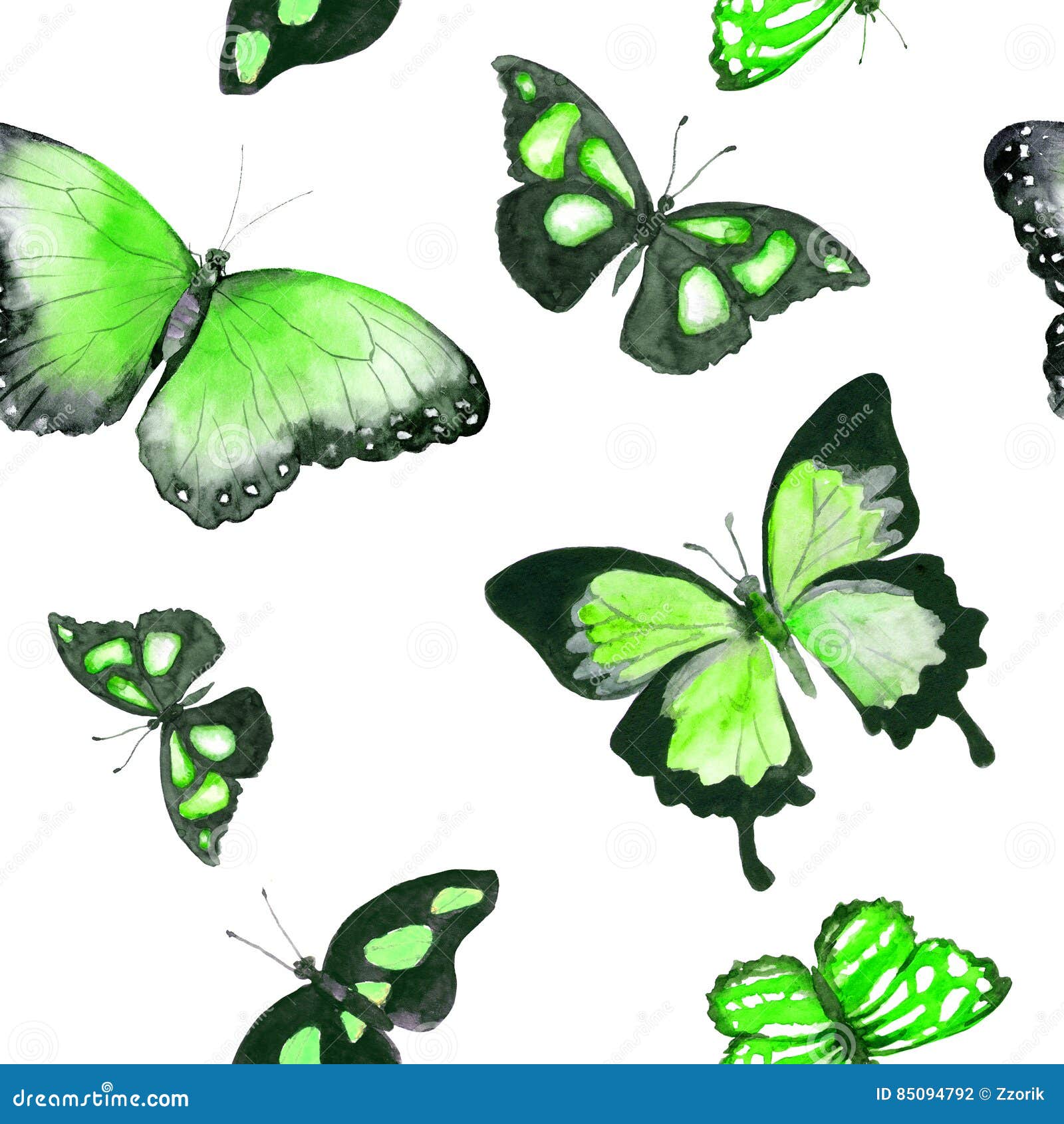 Green Butterflies. Seamless Pattern. Watercolor Stock Illustration ...
