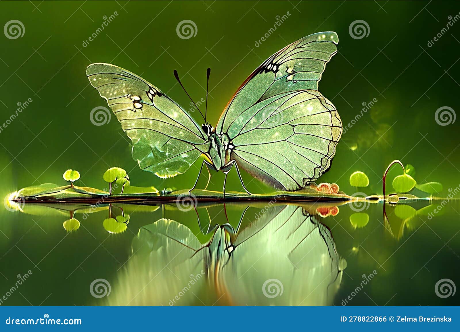 Green Butterfly with Spread Wings and Reflection in Water, Generative ...