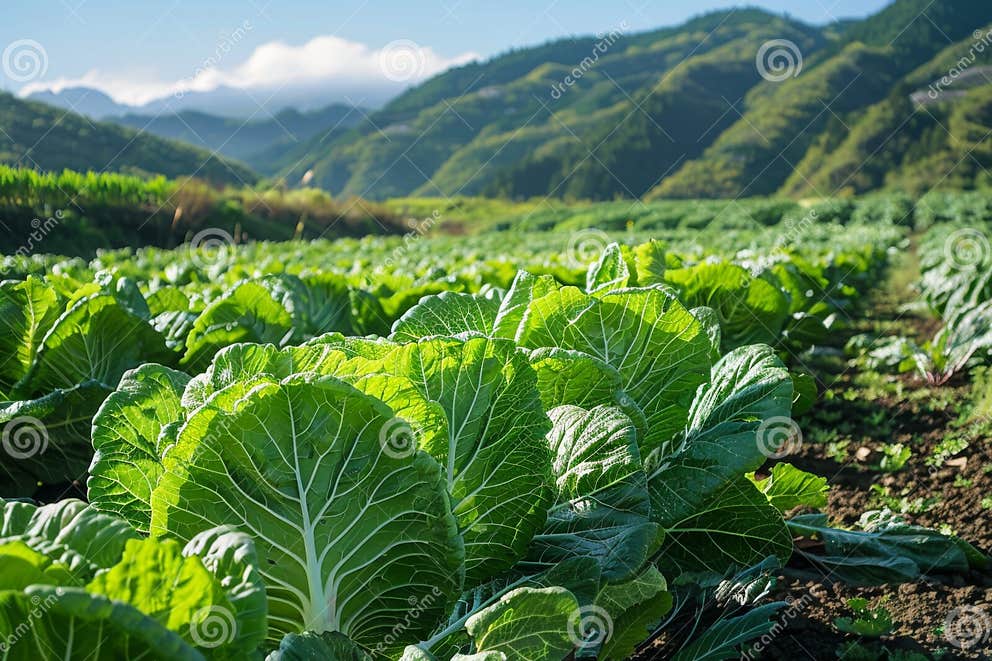 Green Cabbage Field with Mountain Backdrop Stock Image - Image of ...