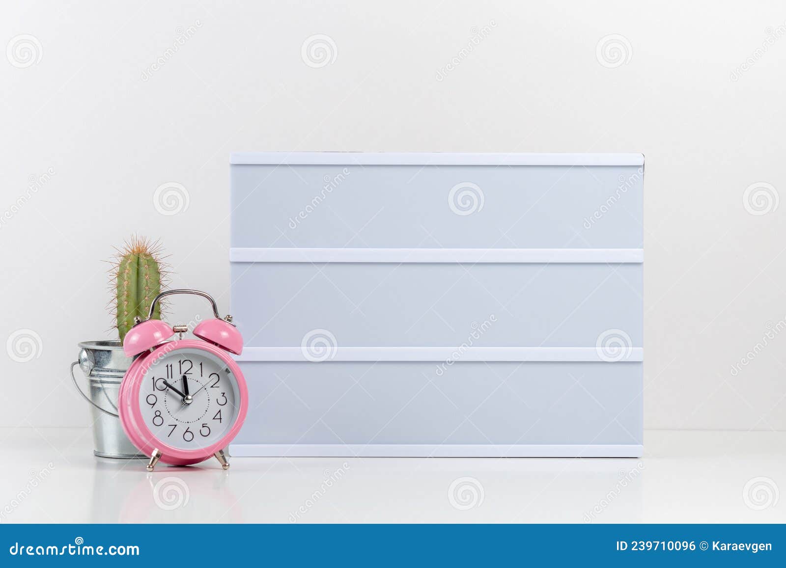 Green Cactus, Pink Alarm Clock and Blank Text Lightbox on White ...