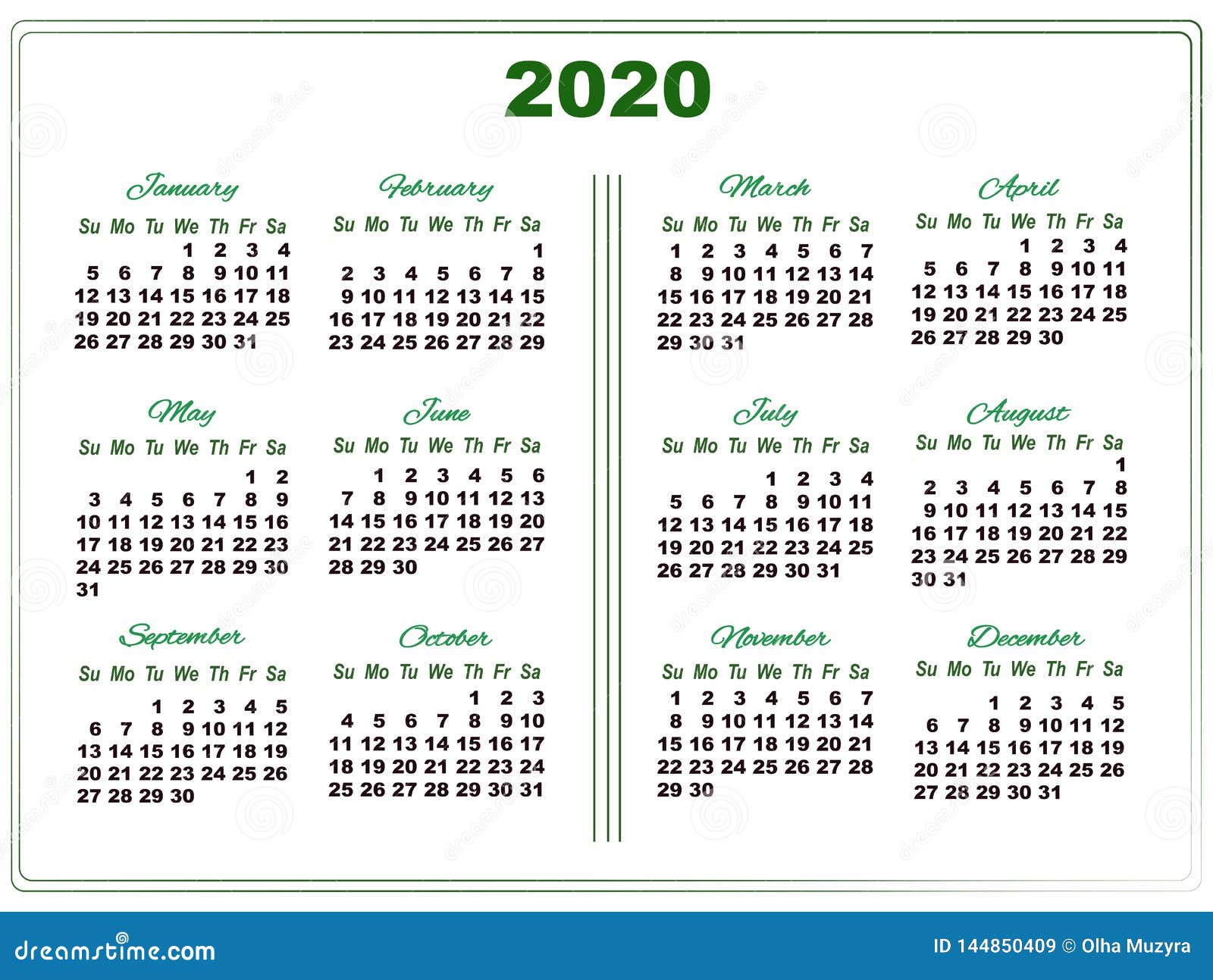 2020 Green Calendar with Numbers Stock Vector - Illustration of march ...