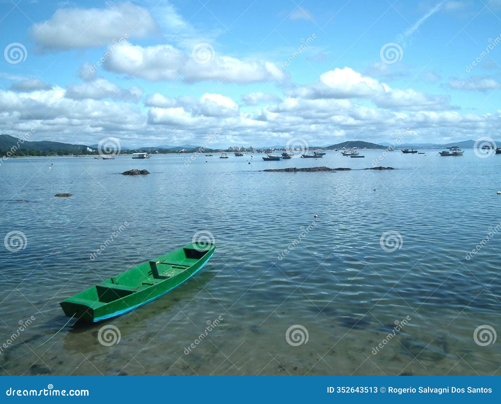 Green Canoe in the Bay Anchored on the Beach Stock Image - Image of ...
