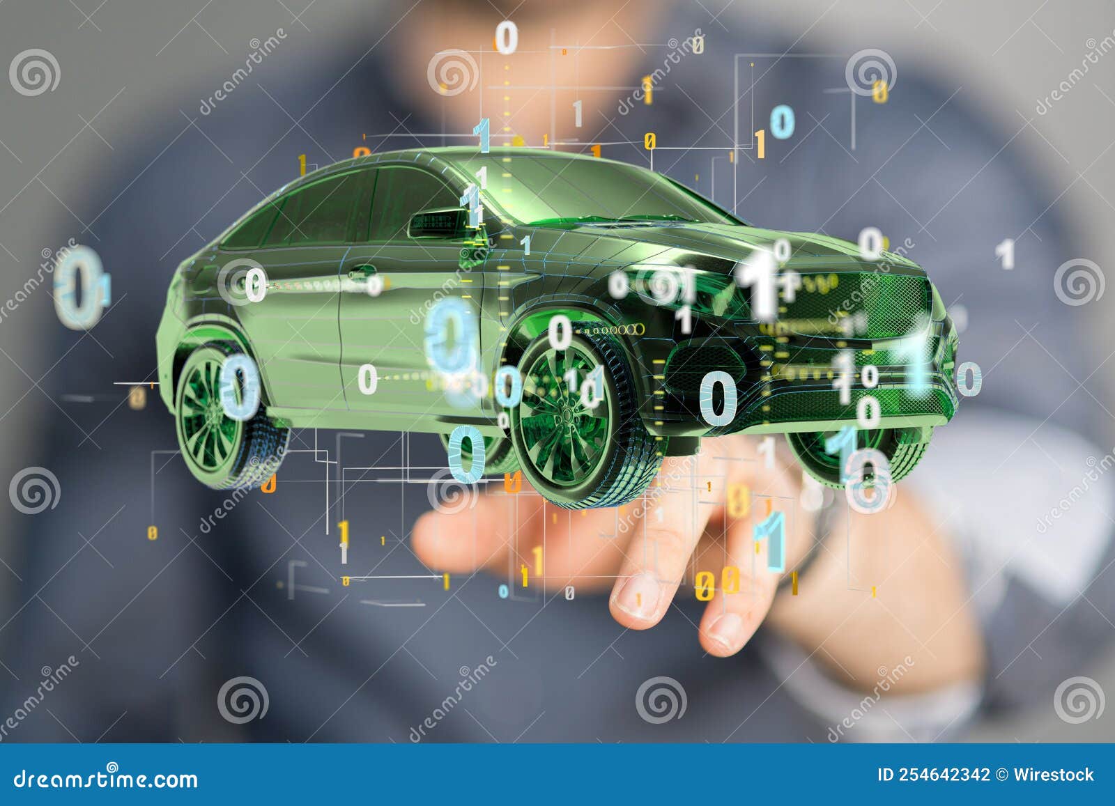 Green Car 3d Rendering Hologram Surrounded by Binary Codes with a ...