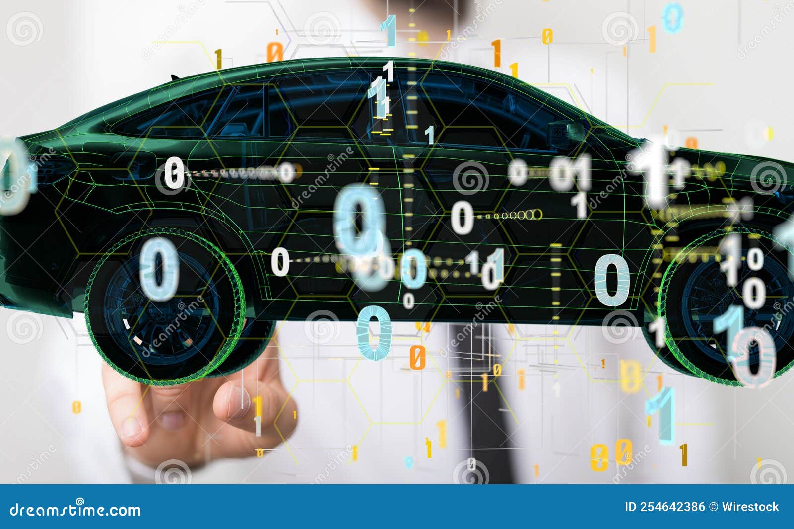 Green Car 3d Rendering Hologram Surrounded by Binary Codes with a ...