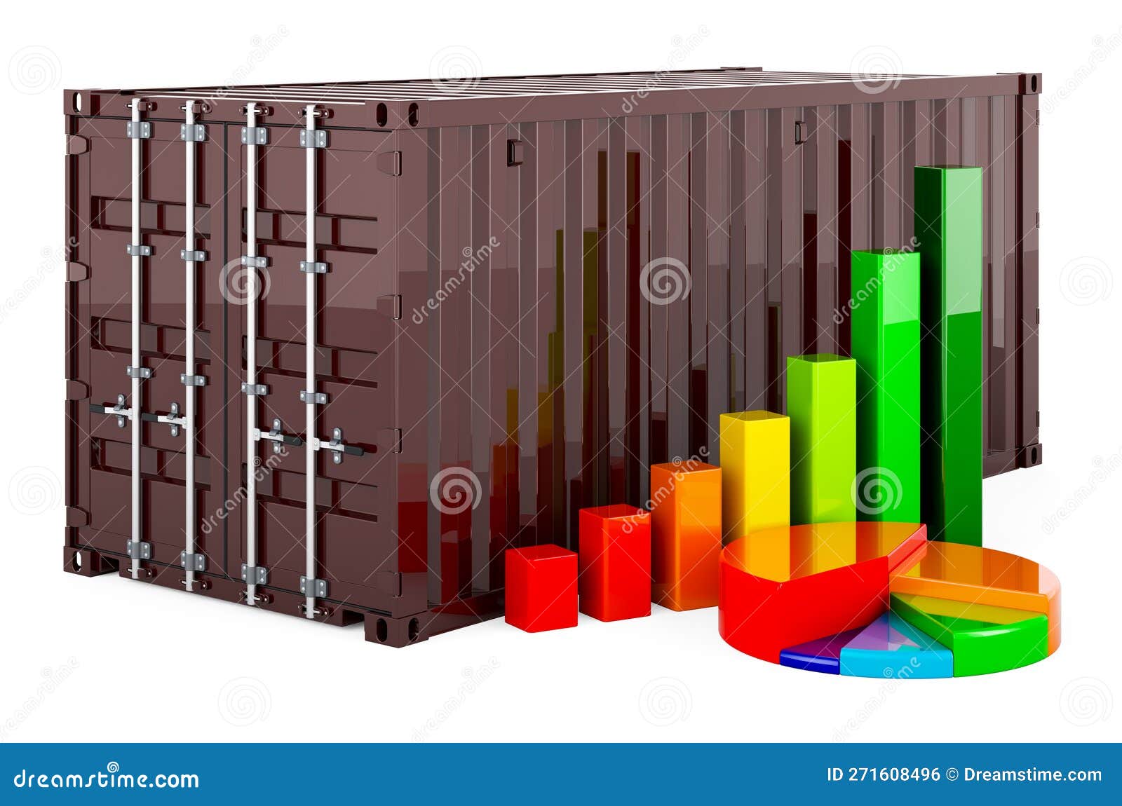 Green Cargo Container with Growth Bar Graph and Pie Chart. 3D Rendering ...