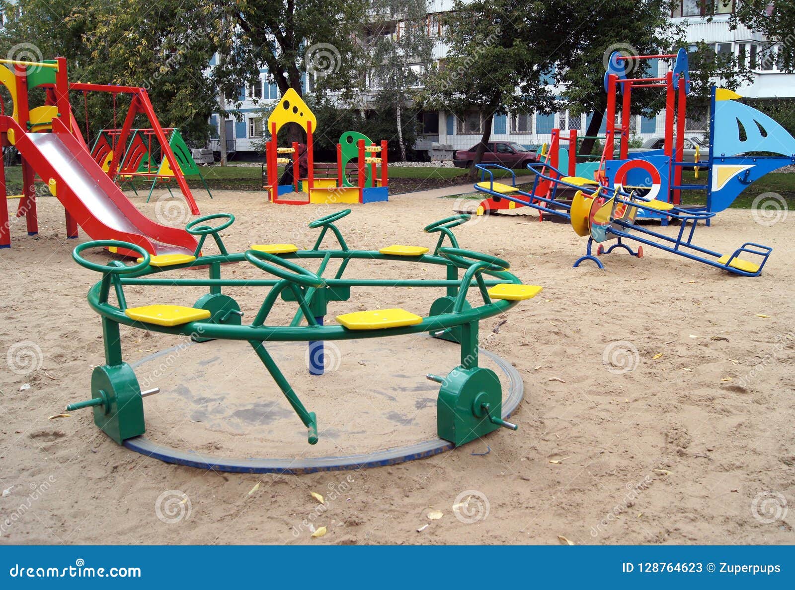 Green Carousel in the Playground Stock Image - Image of slide, outdoor ...
