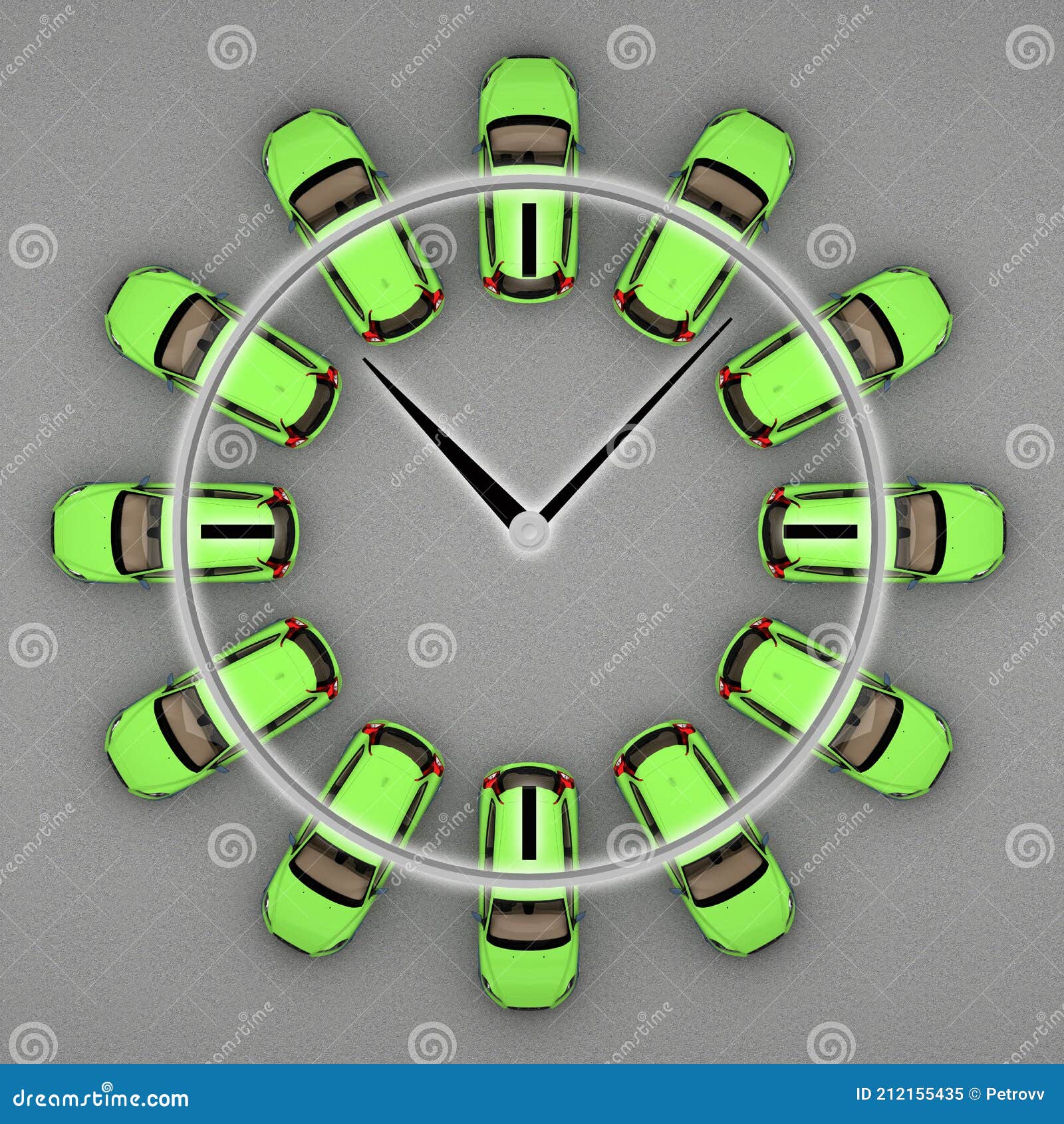 Green Cars Stand in a Circle Top View with Clock Face Stock ...