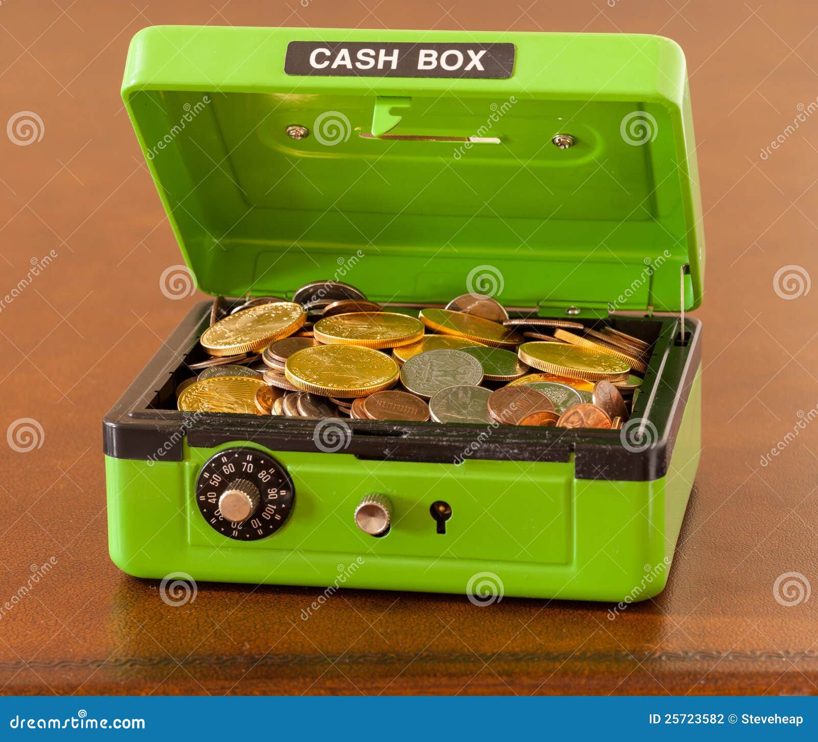 Green Cash Box with Gold and Silver Coins Stock Photo - Image of coin ...