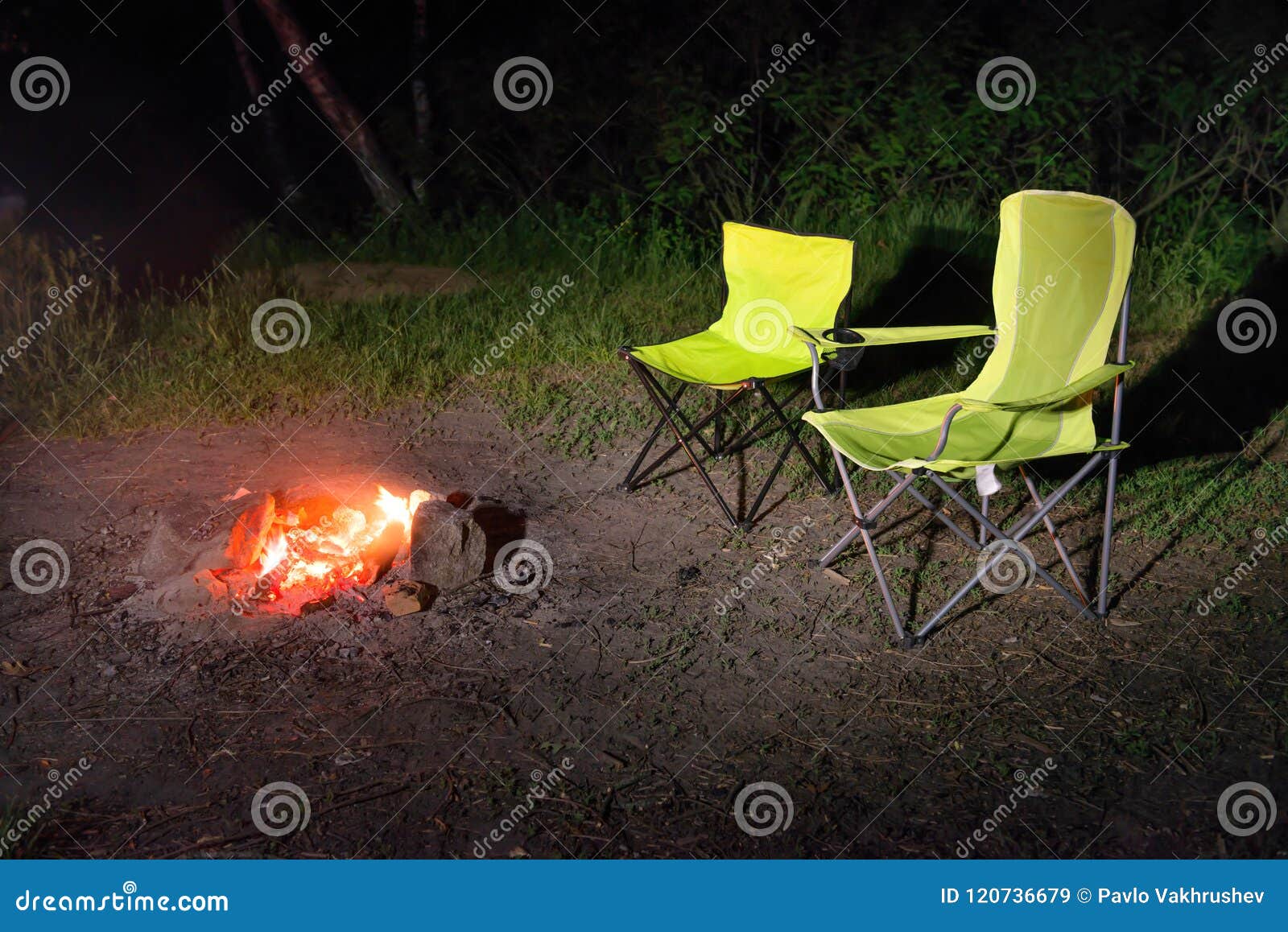 Green Chairs Near Bonfire at Night Stock Image - Image of sitting ...