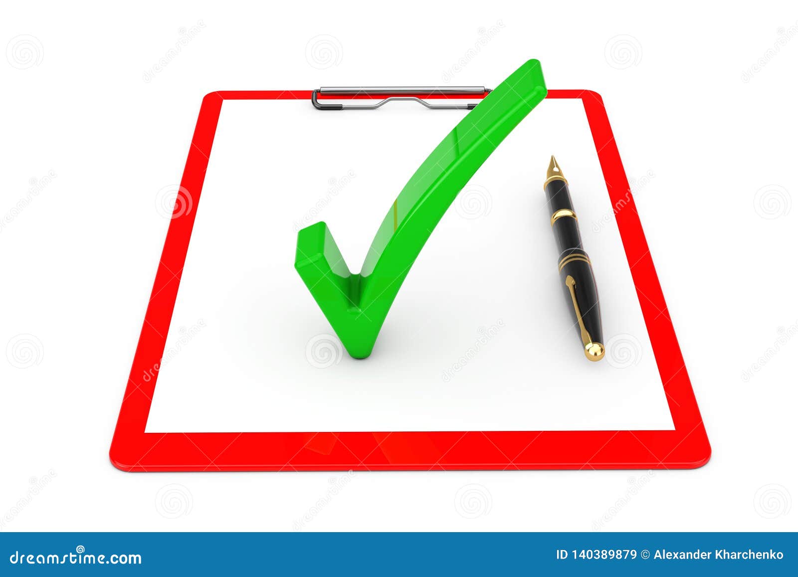 Green Check Mark Over Red Clipboard with Blank Paper and Pen. 3d ...