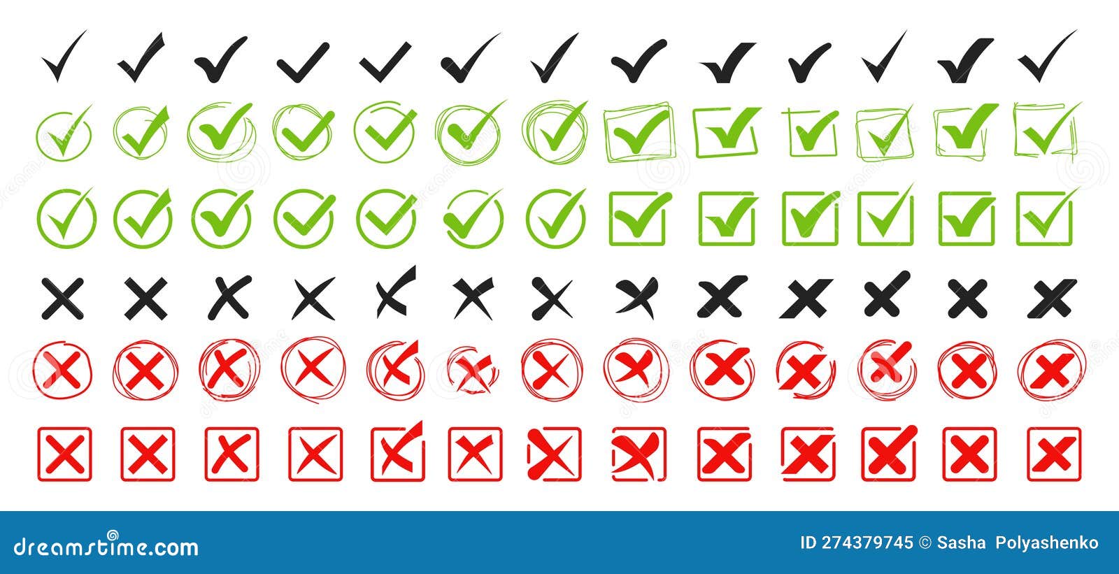 Green Check Mark and Red Cross Icon Set. Circle and Square. Large ...