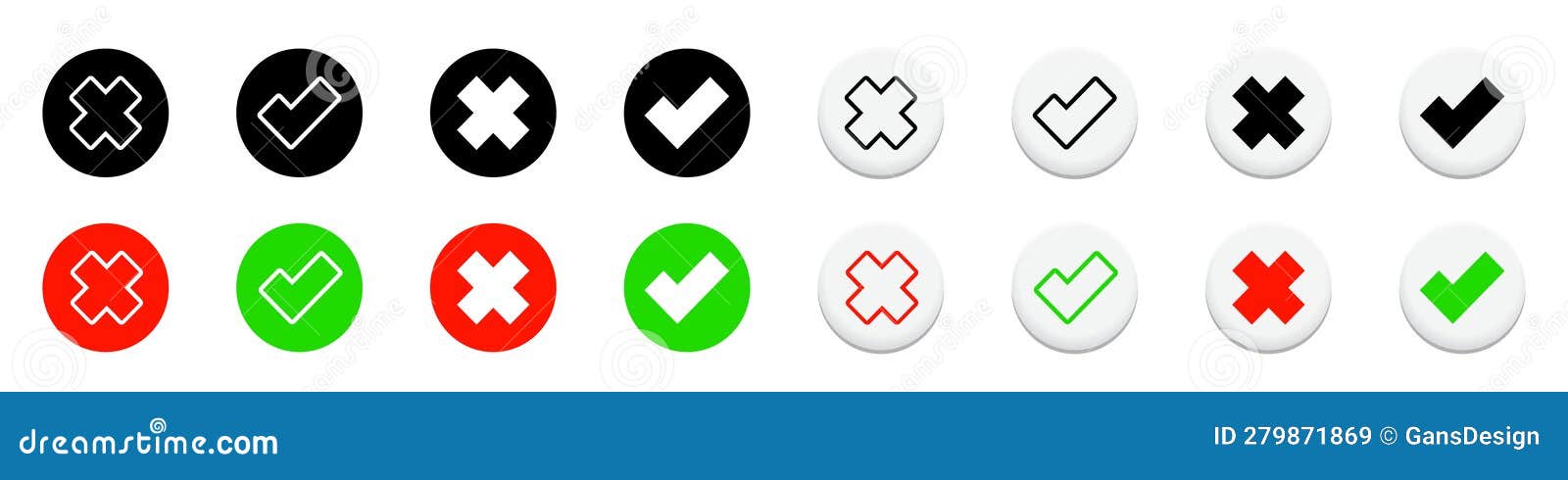 Green Check Mark and Red Cross Icon Set. Flat and 3D Icon Collection ...