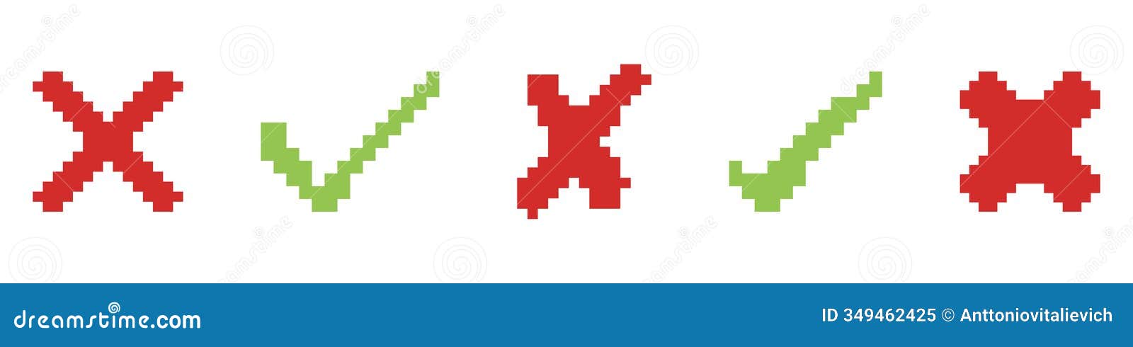 Green Checkmark and Red Cross Pixel Icon Set. Retro Style Check and ...
