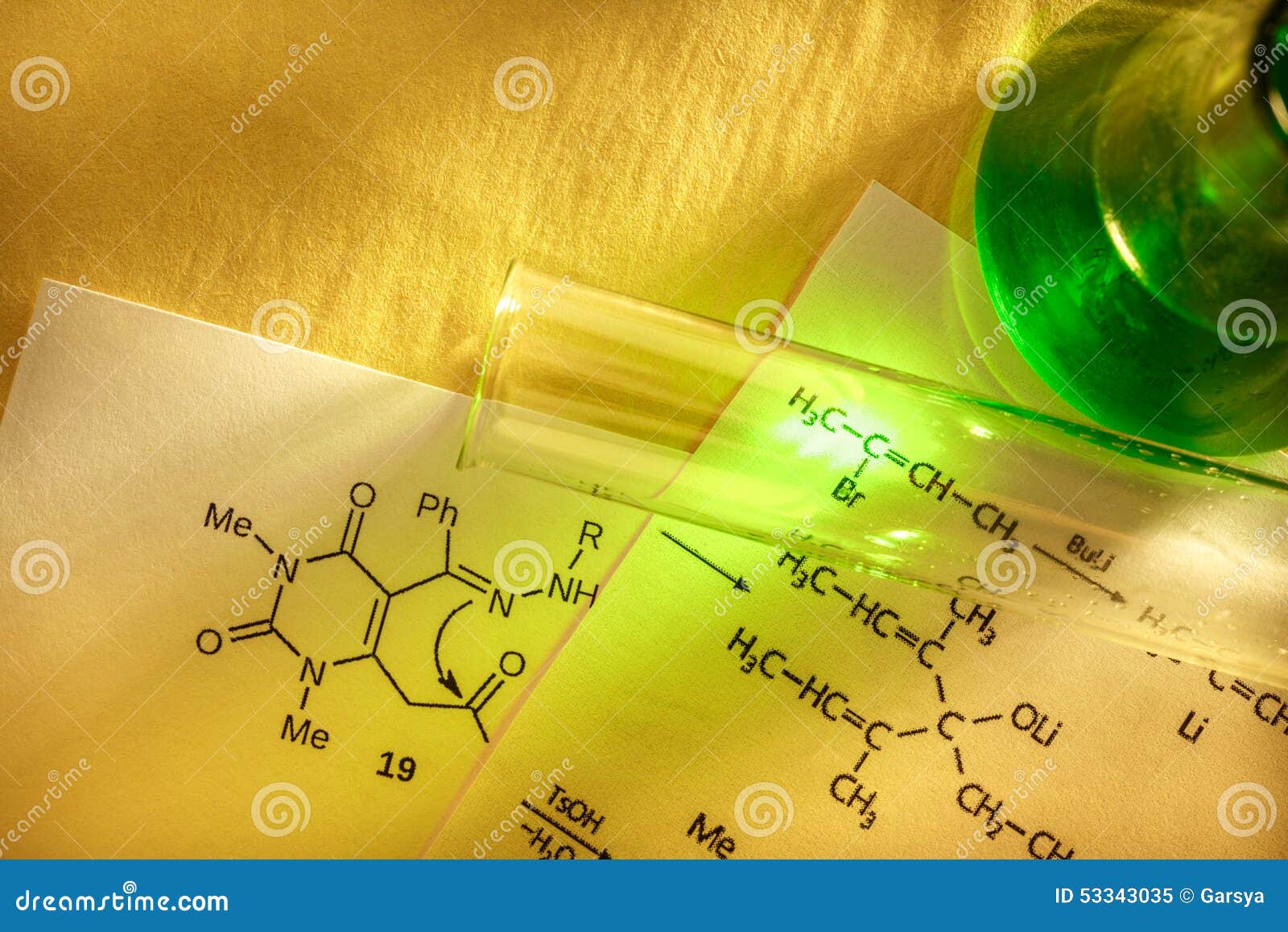 Green Chemistry with Reaction Formula Stock Image - Image of flask ...