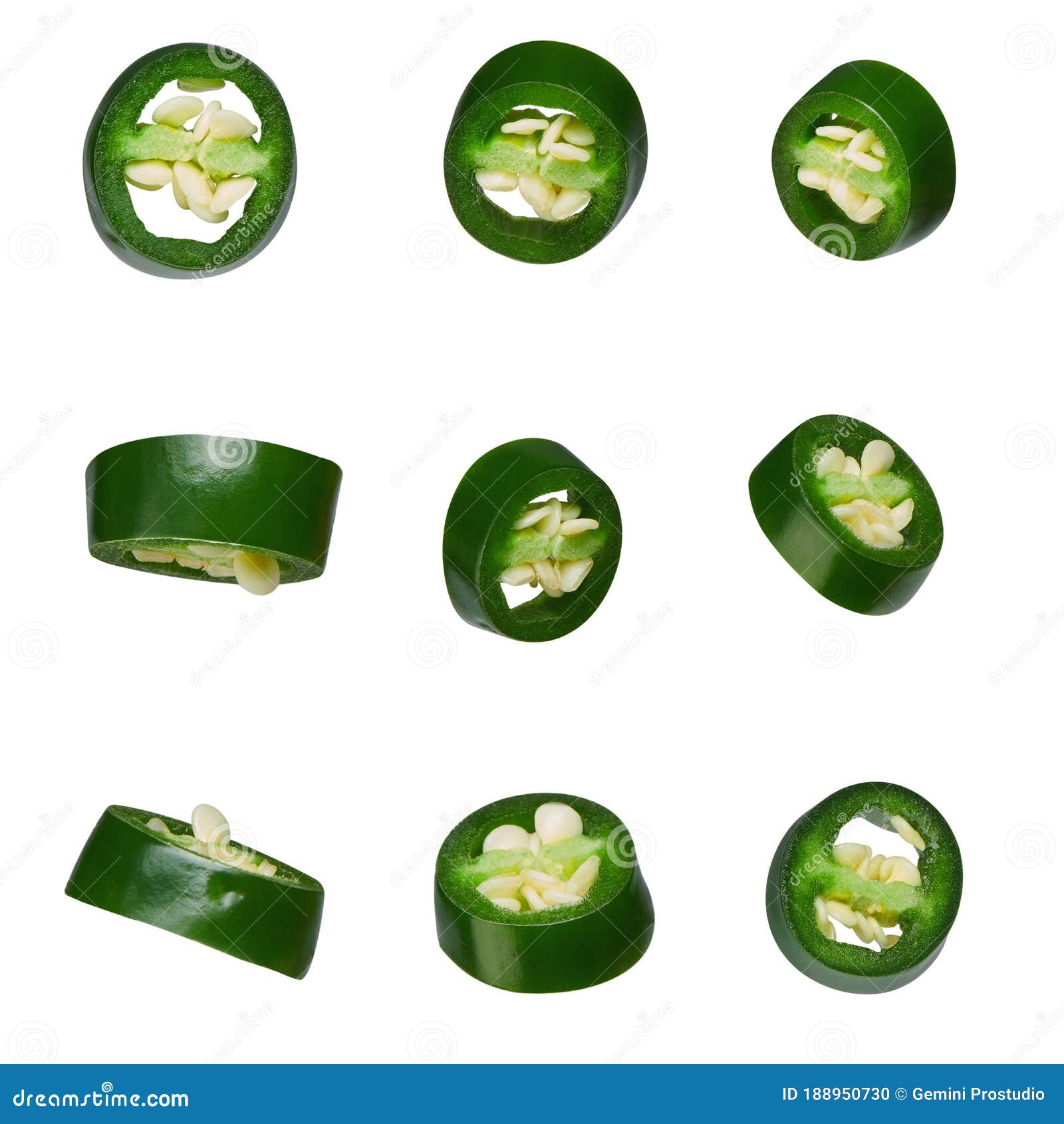 Green Chilli Sliced Different Angles Isolated on White Background Stock ...