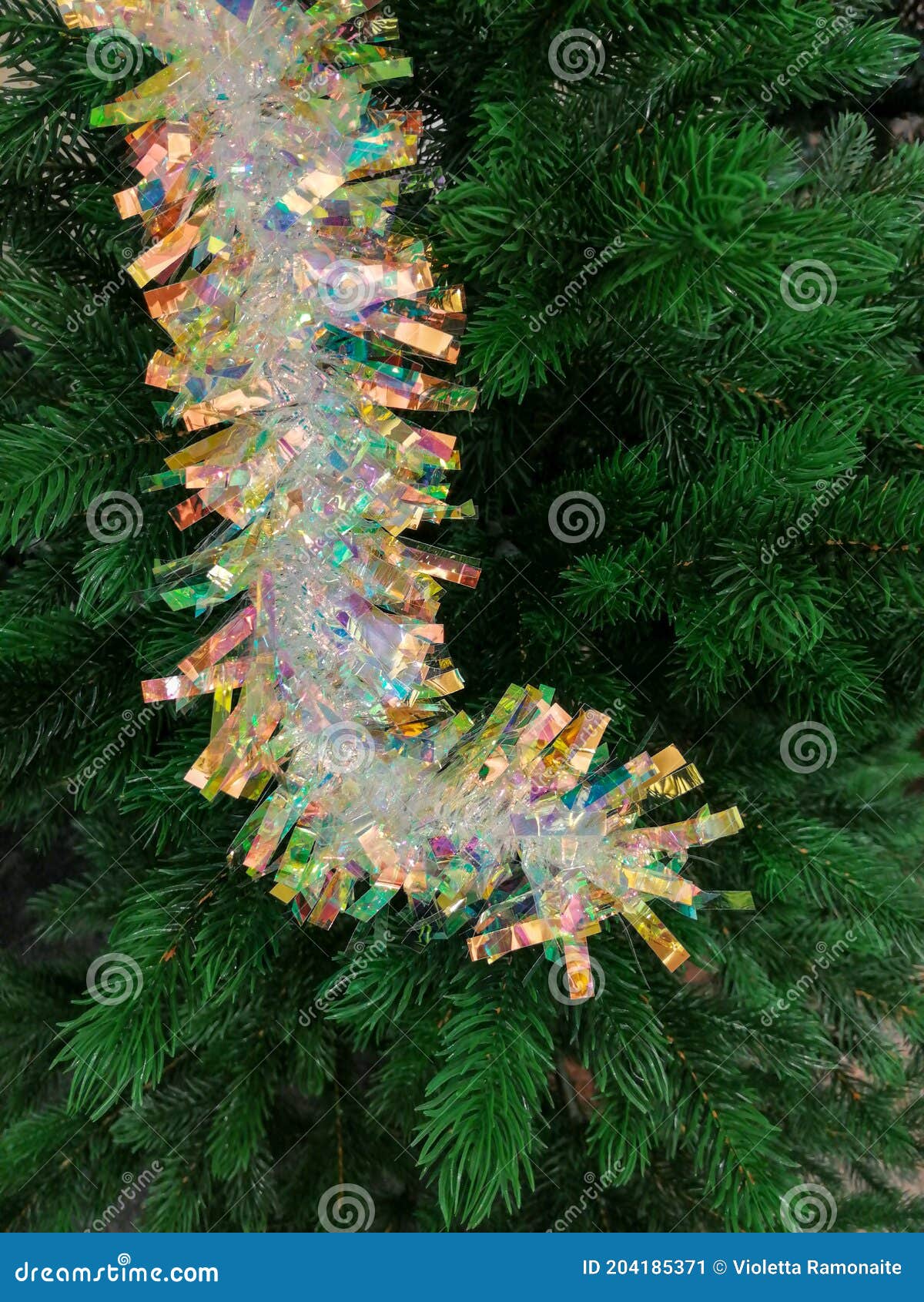Green Christmas Tree with Shiny Tinsel Stock Image - Image of tree ...