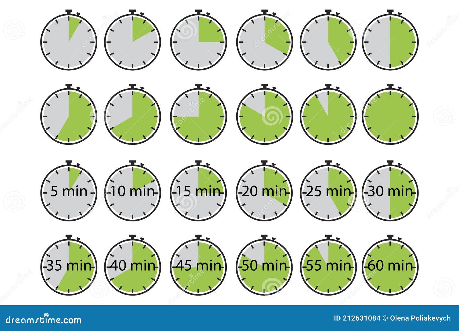 Green Circles Clock Set. Stopwatch Icon Vector. White Color. Vector ...