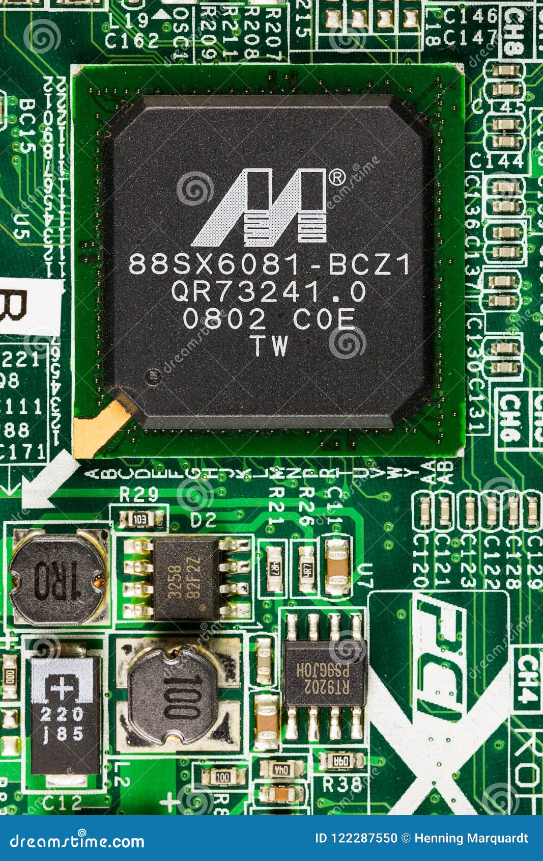 Green Circuit Board with Conductor Tracks, Elements and Electron ...