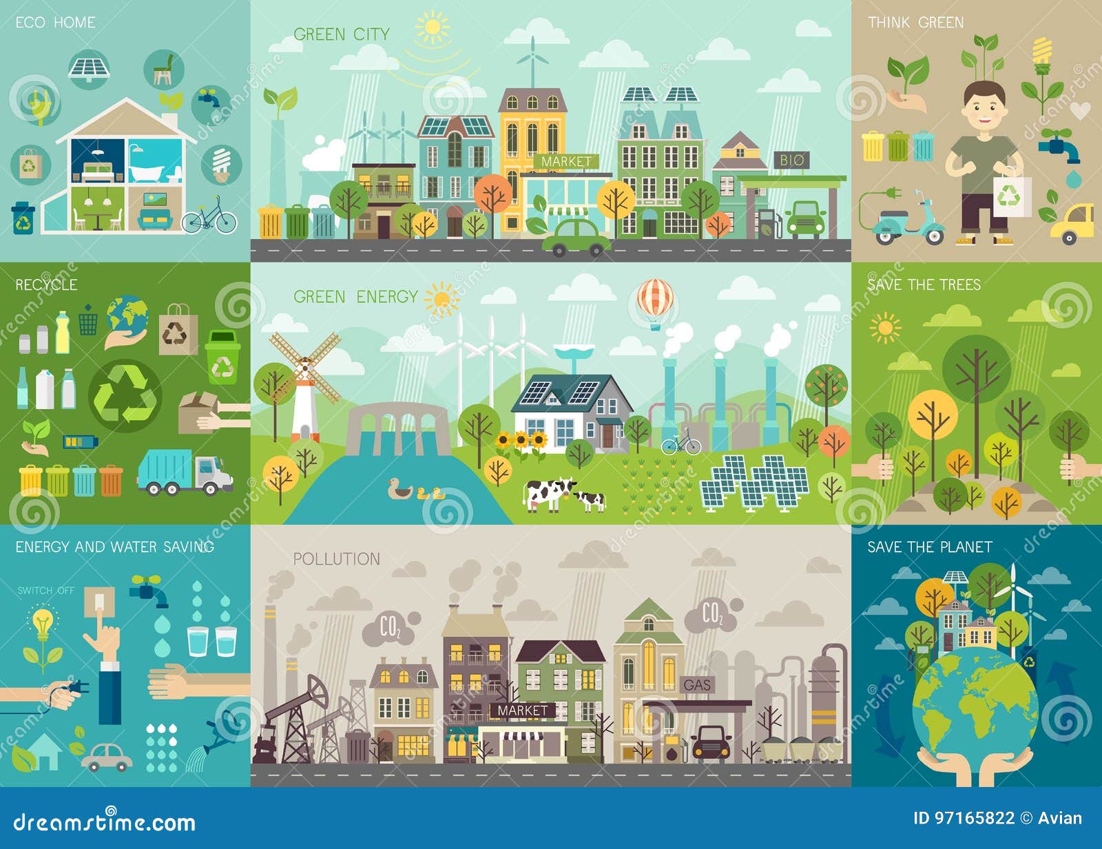 Green City Infographic Set with Charts and Other Elements. Stock Vector ...