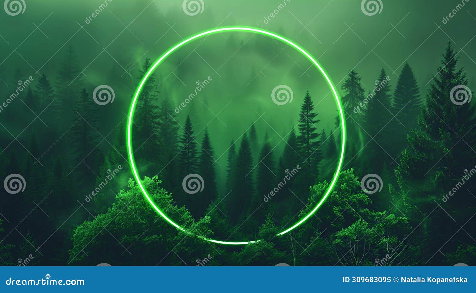 Green Clean Logo, Empty Neon Circle Frame, on Forest Background ...