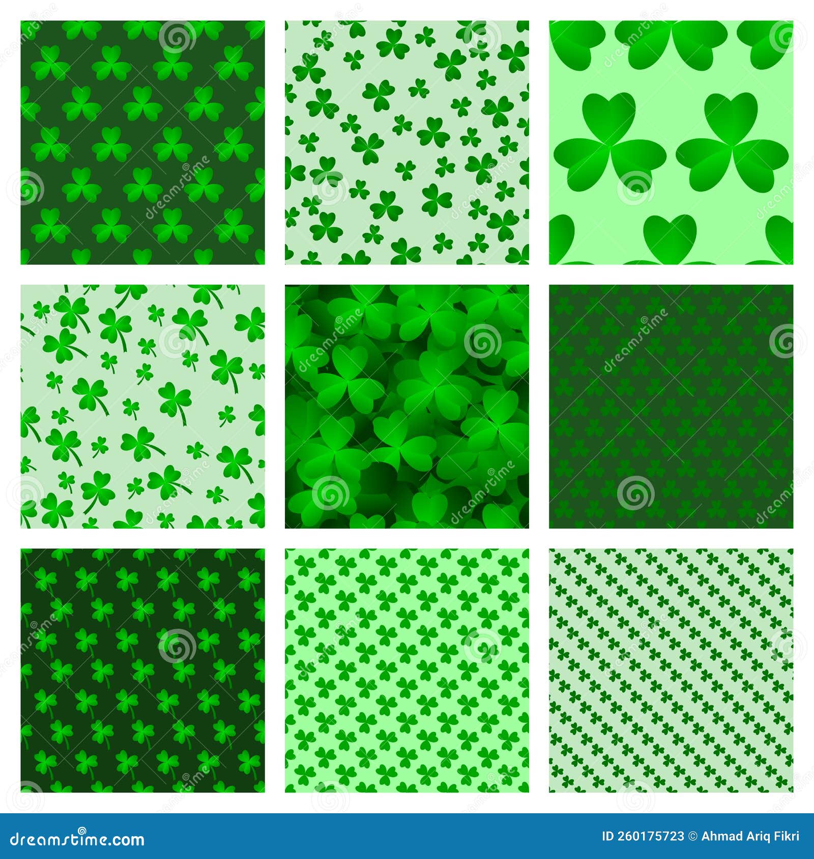 Green Clover Leaves Seamless Patterns Set. Abstract Geometric ...