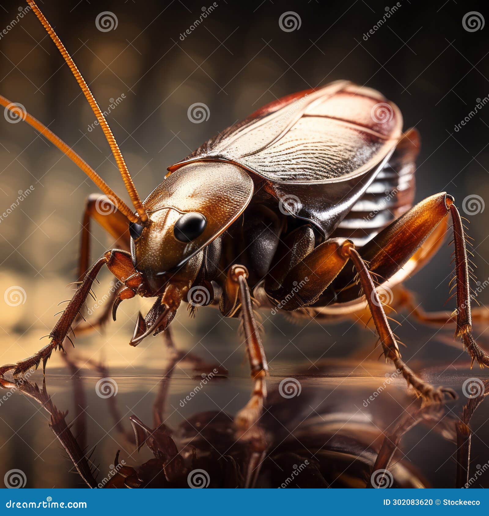 Intense Gaze a Photorealistic Image of a Cockroach on a Shiny Surface ...
