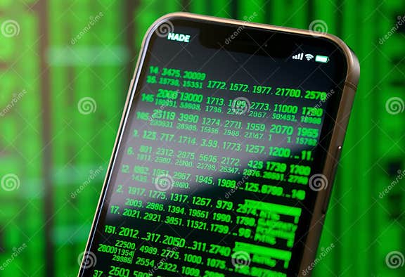 Green Code Forming a Stock Ticker on Phone Screen Green Code for Stock ...