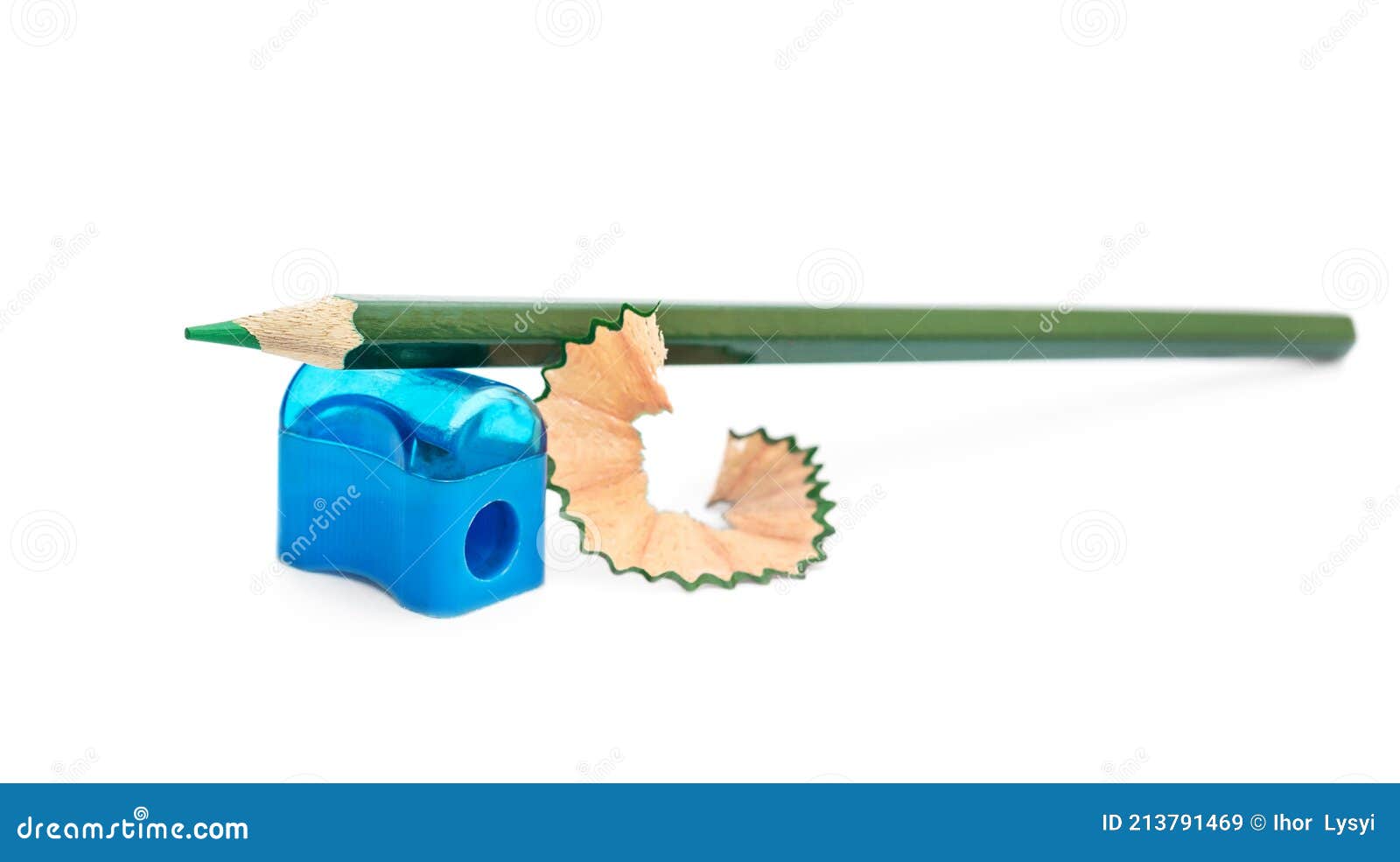 Green Colour Pencil with Sharpener and Shaving on White Background ...