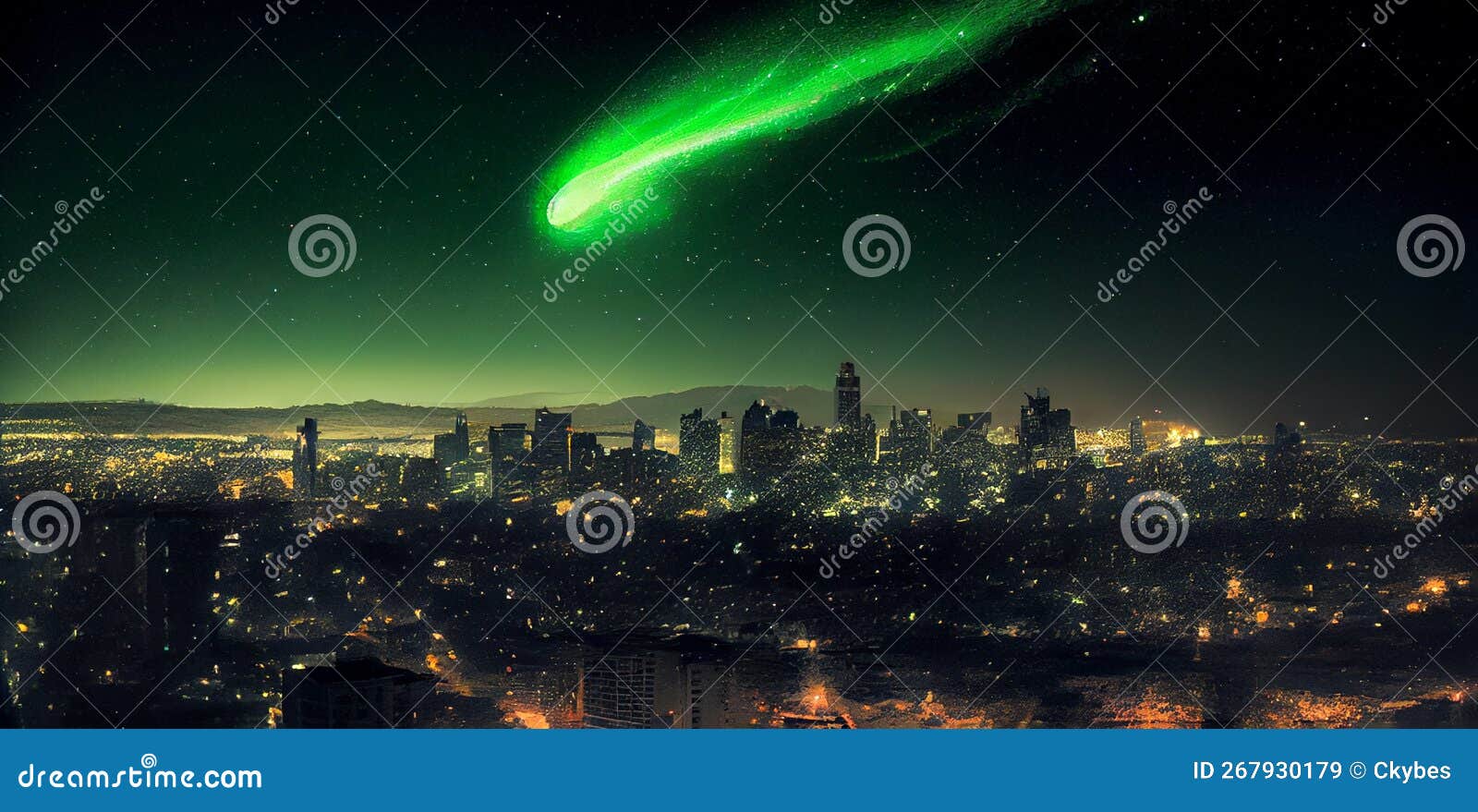 Green Comet in January Over the City. Generating Ai Stock Illustration ...