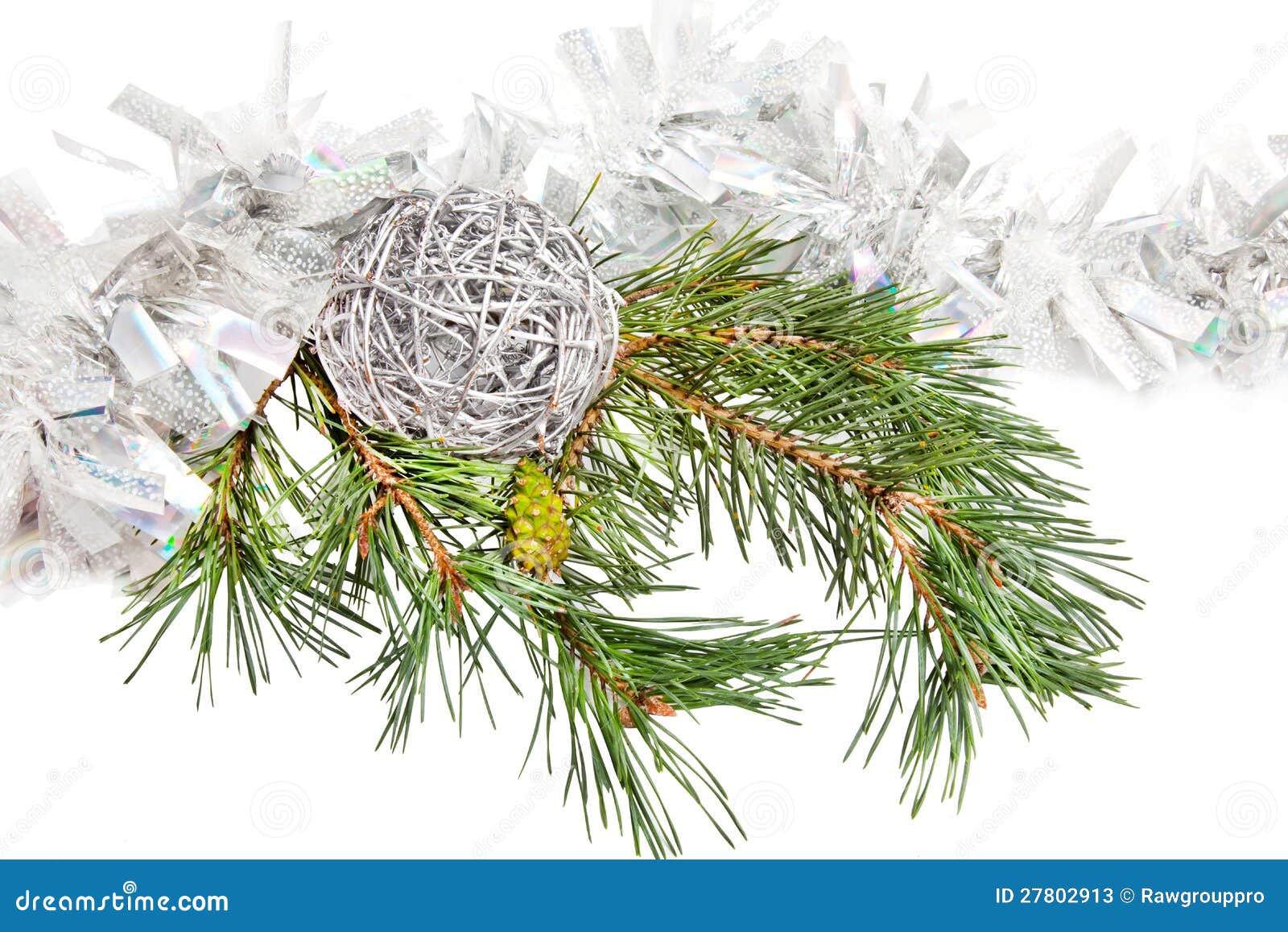 Green Conifer Branch with Silver Ball and Tinsel Stock Image - Image of ...