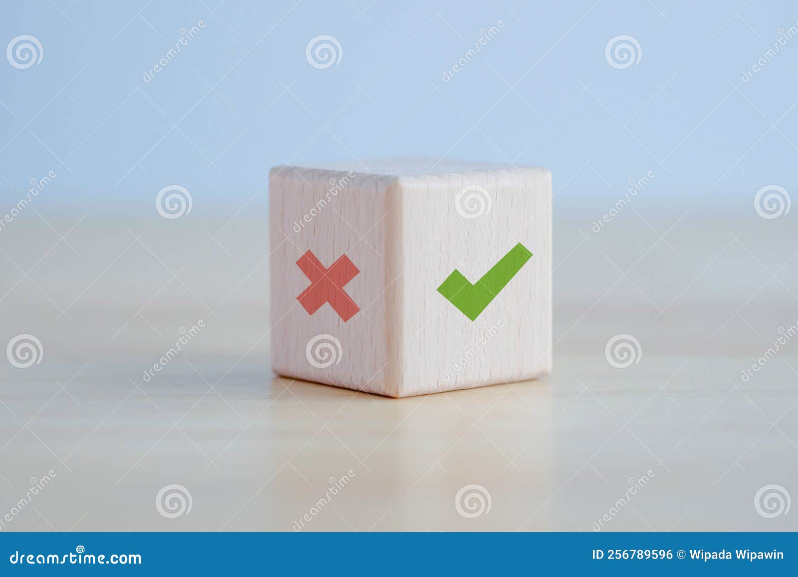 Green Correct Check Mark and Red Wrong or Cross Icon on Wooden Block ...