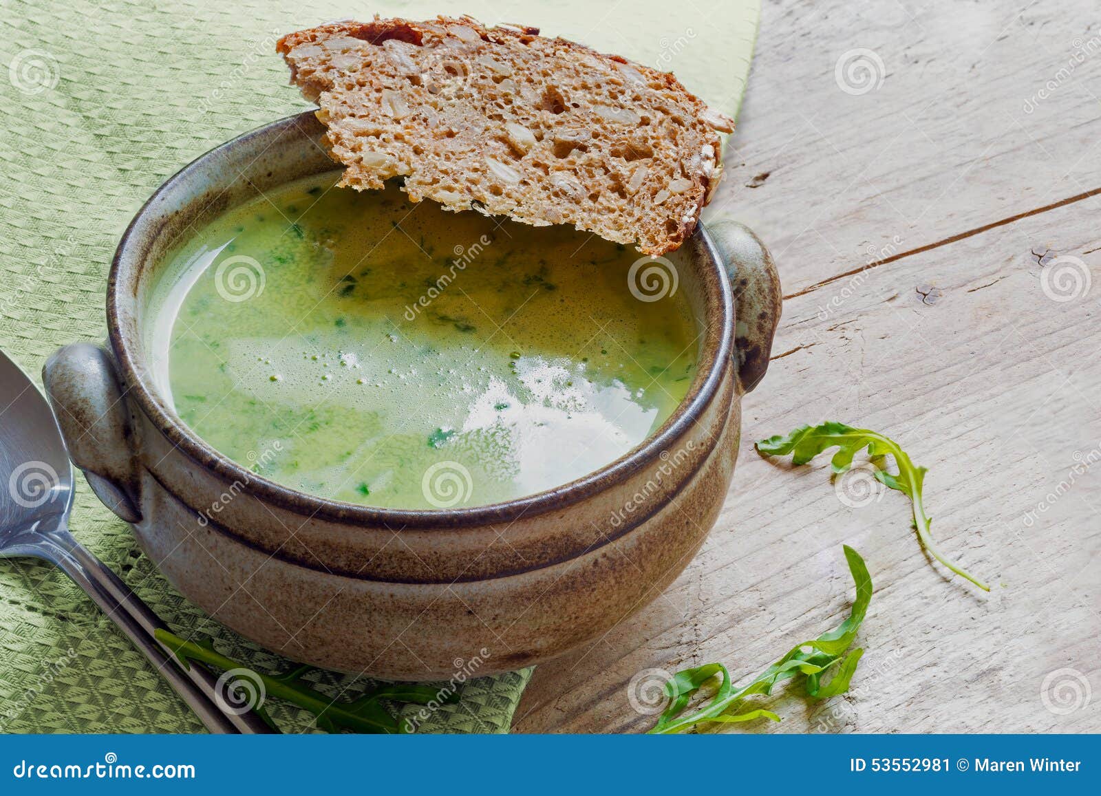 Green Cream Soup from Vegetables and Herbs with Bread in a Rustic Bowl ...