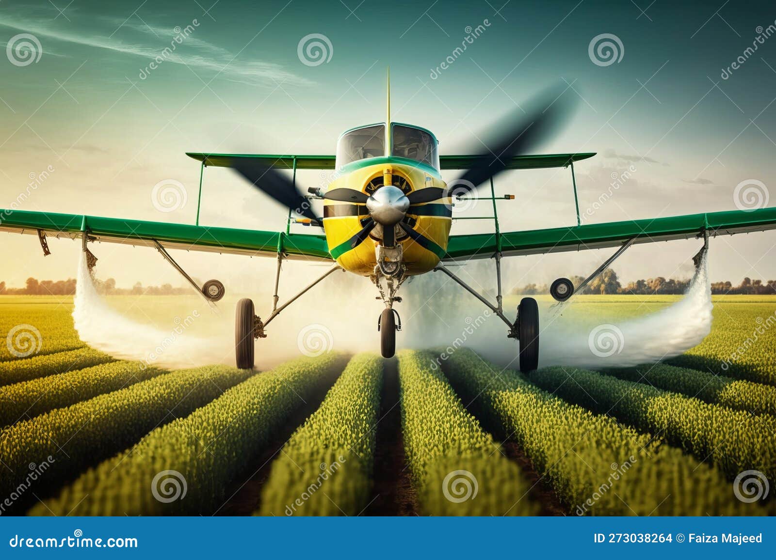 Green Crop Duster Airplane Aerially Applies Pesticide Spraying On Field