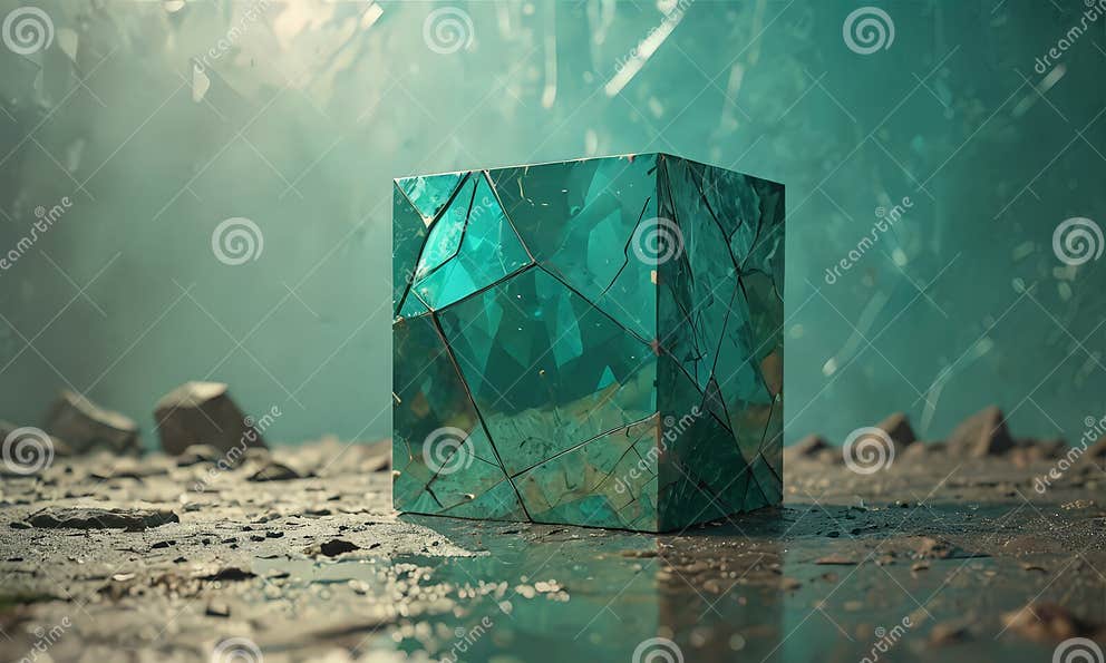 Green Cube-shaped Object with Reflective Surface Sits on Rocky Surface ...