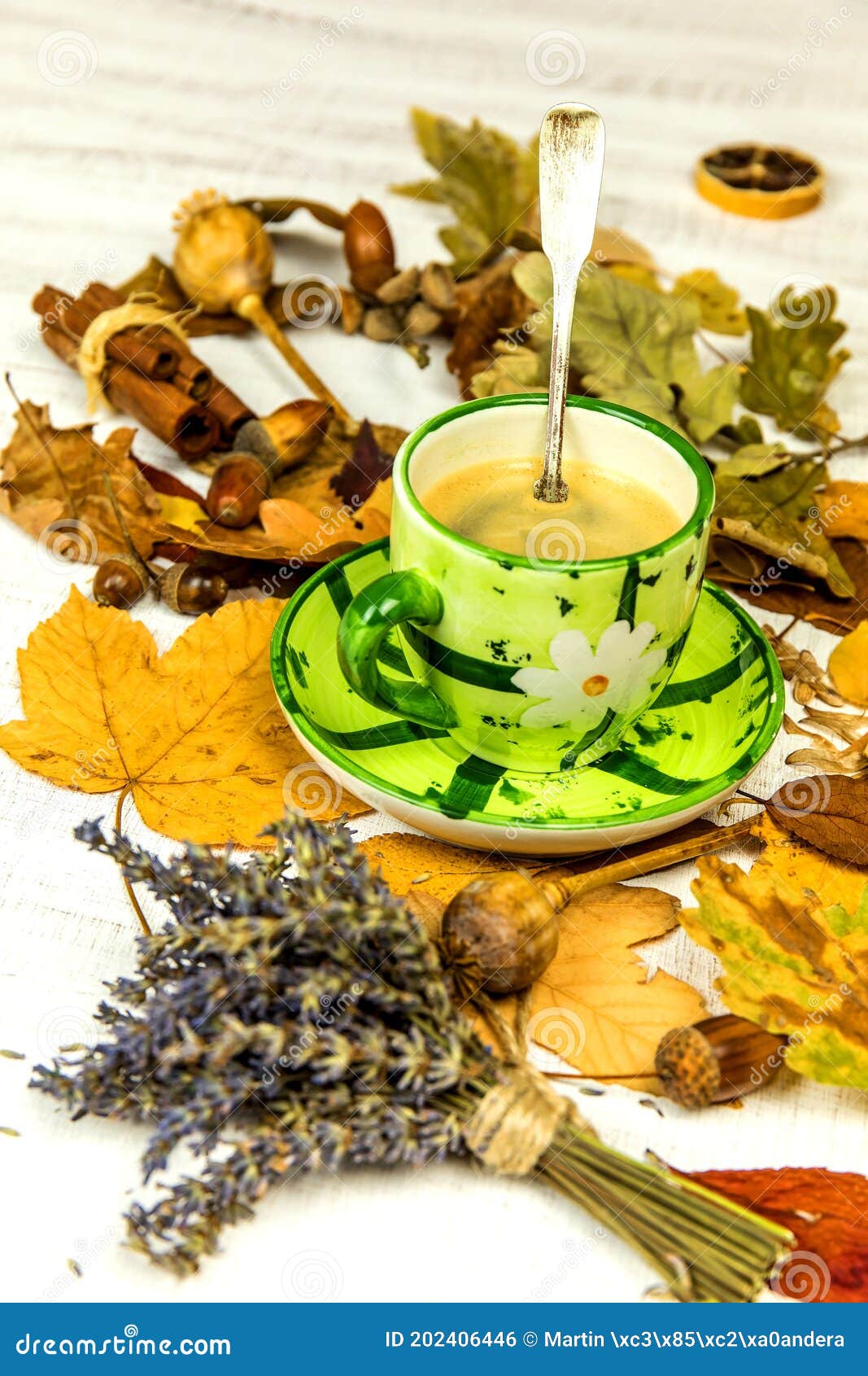 Green Cup of Coffee and Autumn Leaves. Autumn Fall Background with ...