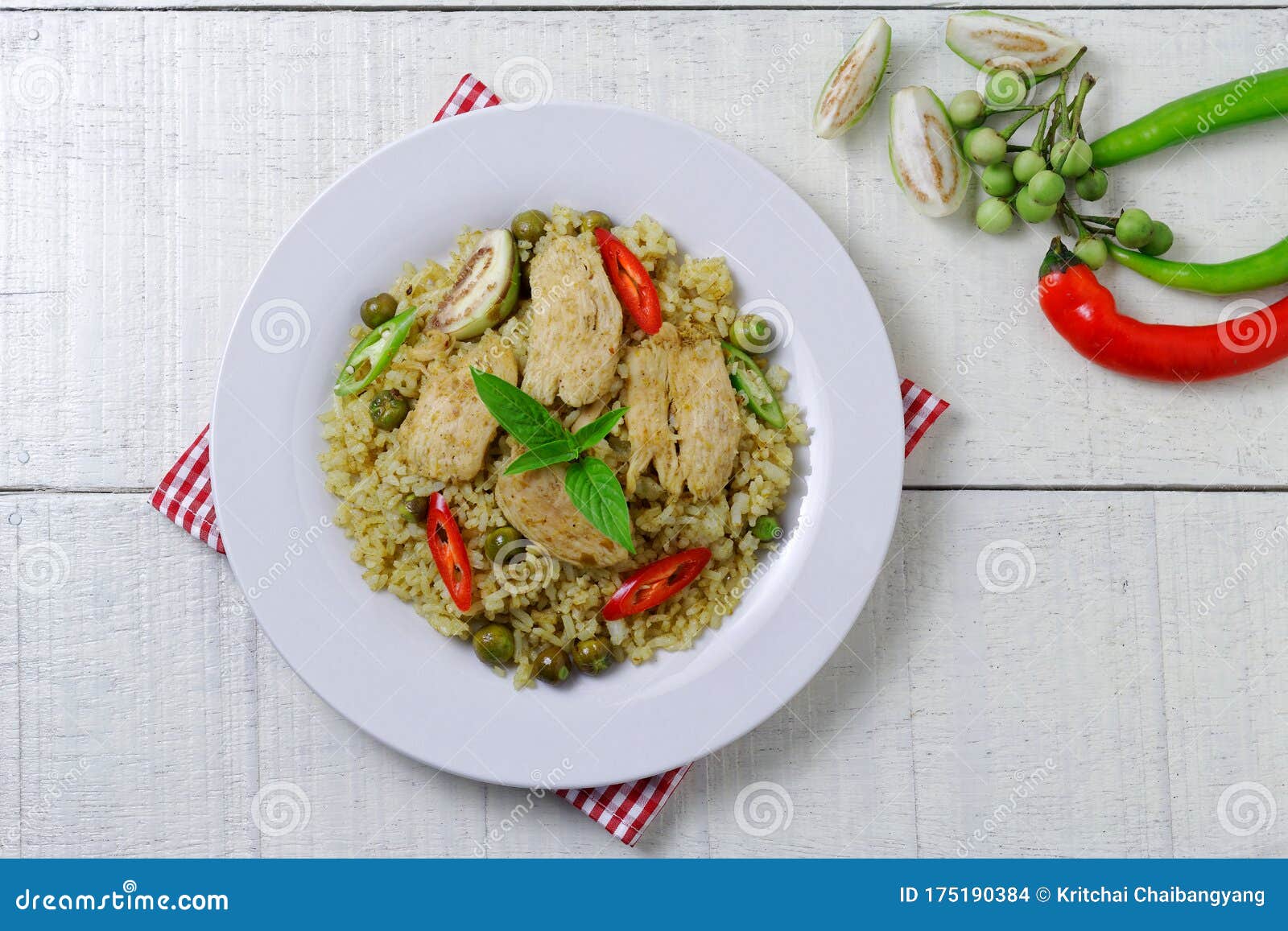 Green Curry Fried Rice with Chicken ,Top View Stock Photo - Image of ...
