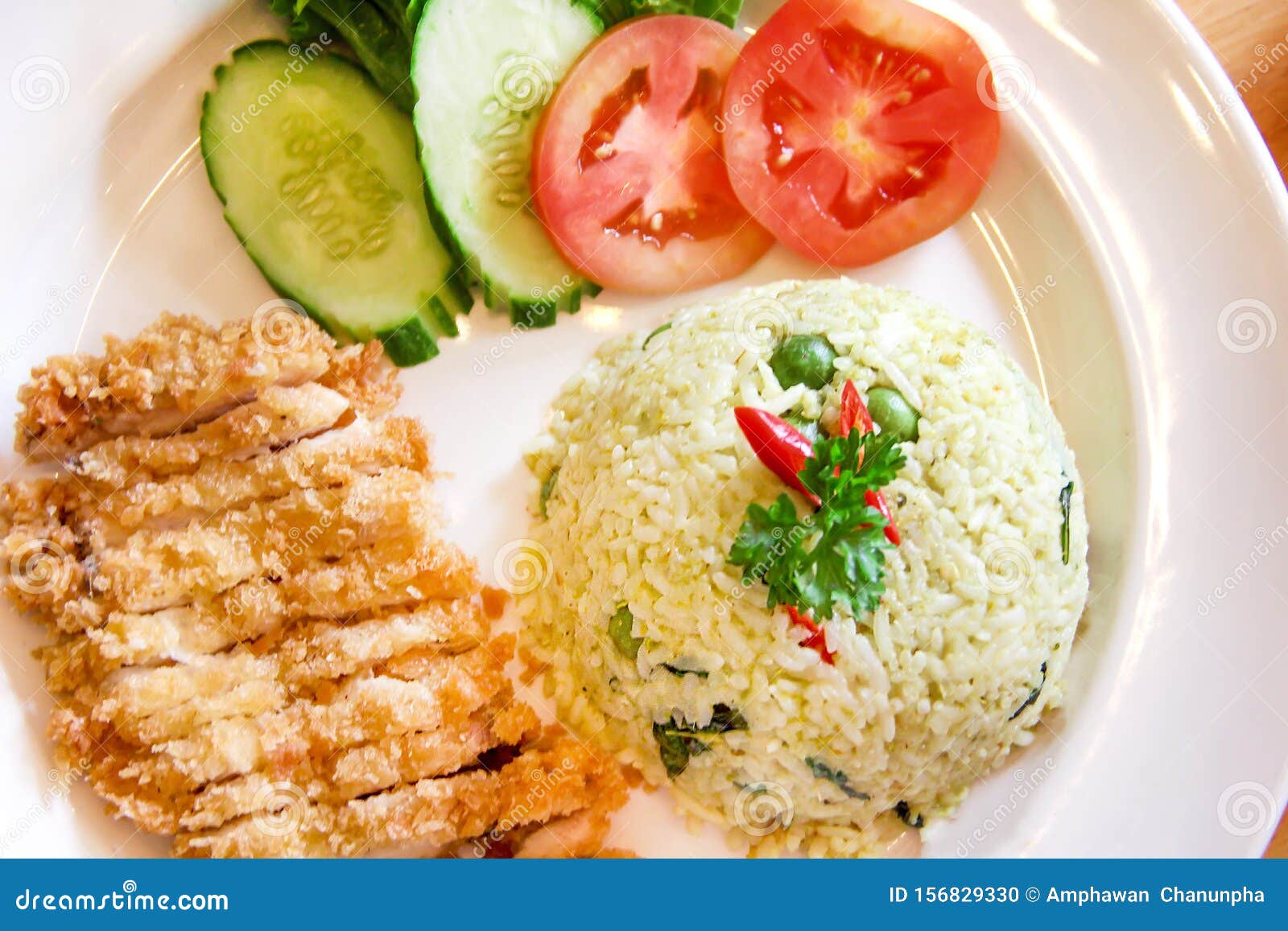 Green Curry Fried Rice with Crispy Deep Fried Chicken Top View Stock ...