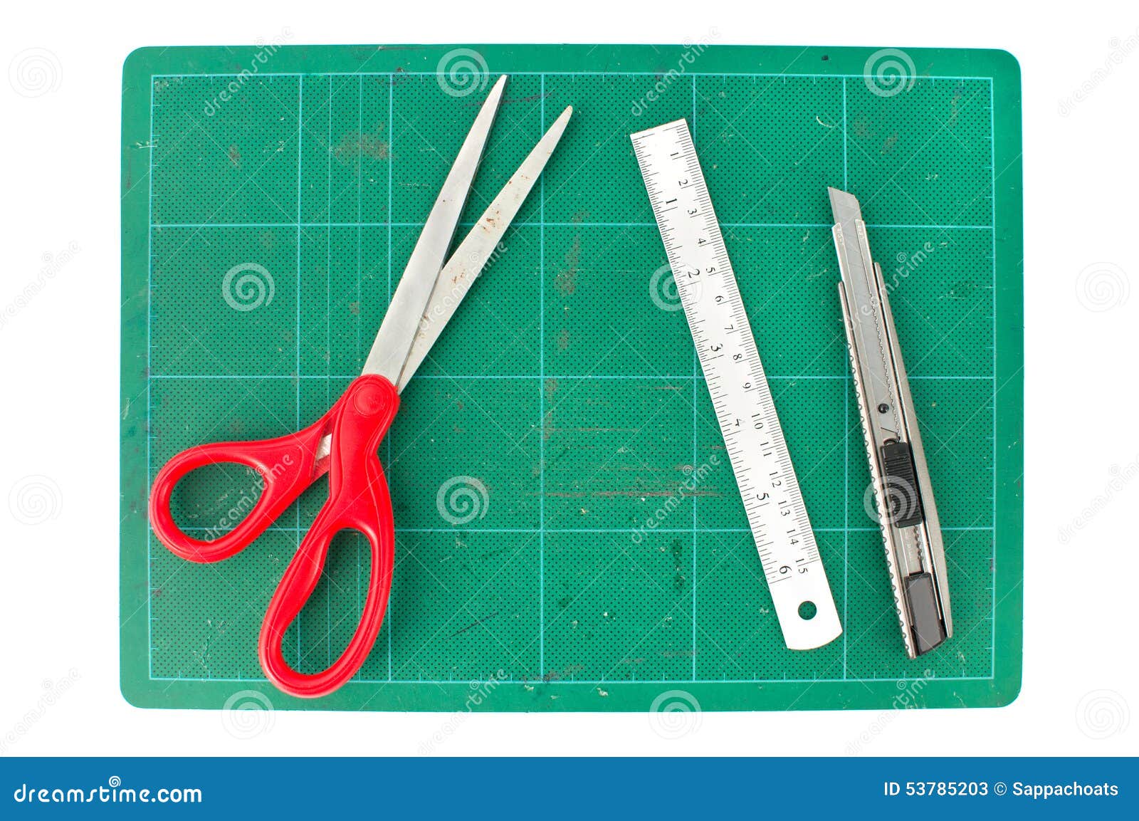 Green Cutting Mats with Scissors Ruler and Cuter on White Background ...