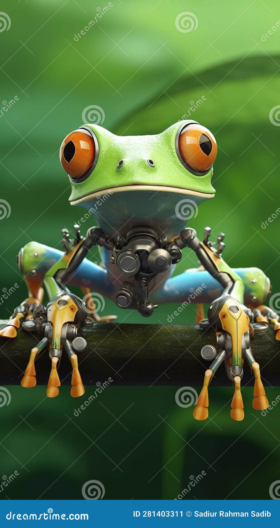 Green Cyborg Frog in the Jungle. a Robot Treefrog Stock Illustration ...