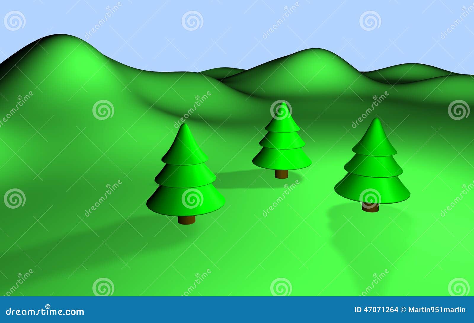 Green 3d Landscape with Three Trees and Hills Stock Illustration ...