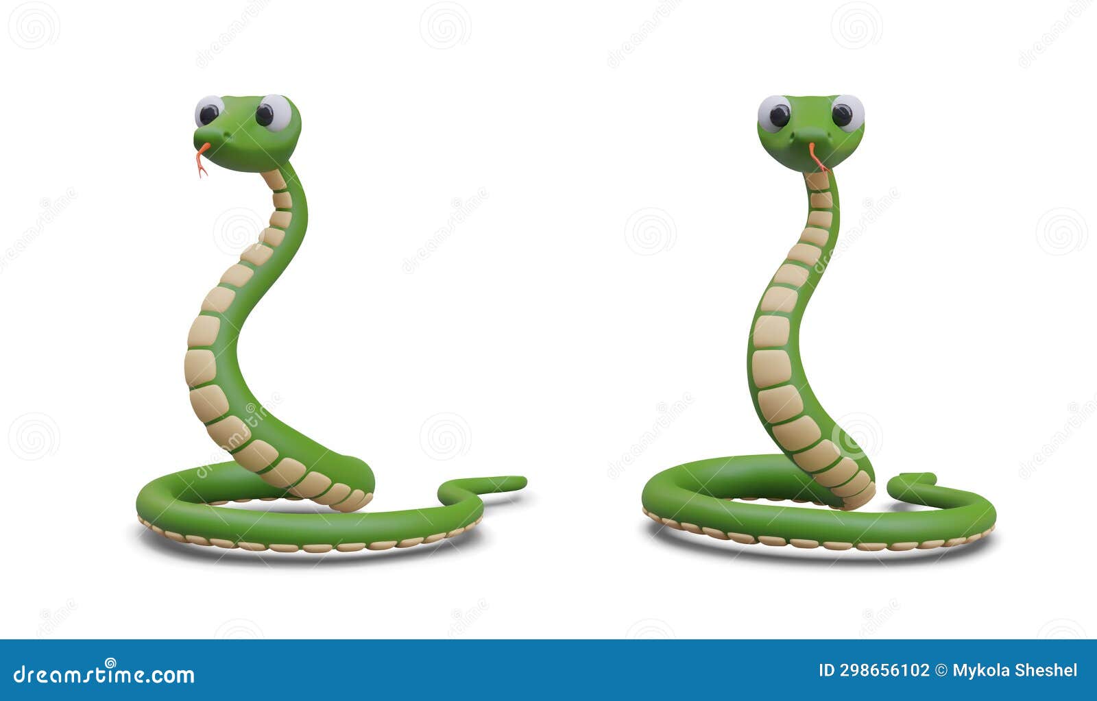 Green 3D Snake, View from Different Sides. Venomous Reptile with Forked ...