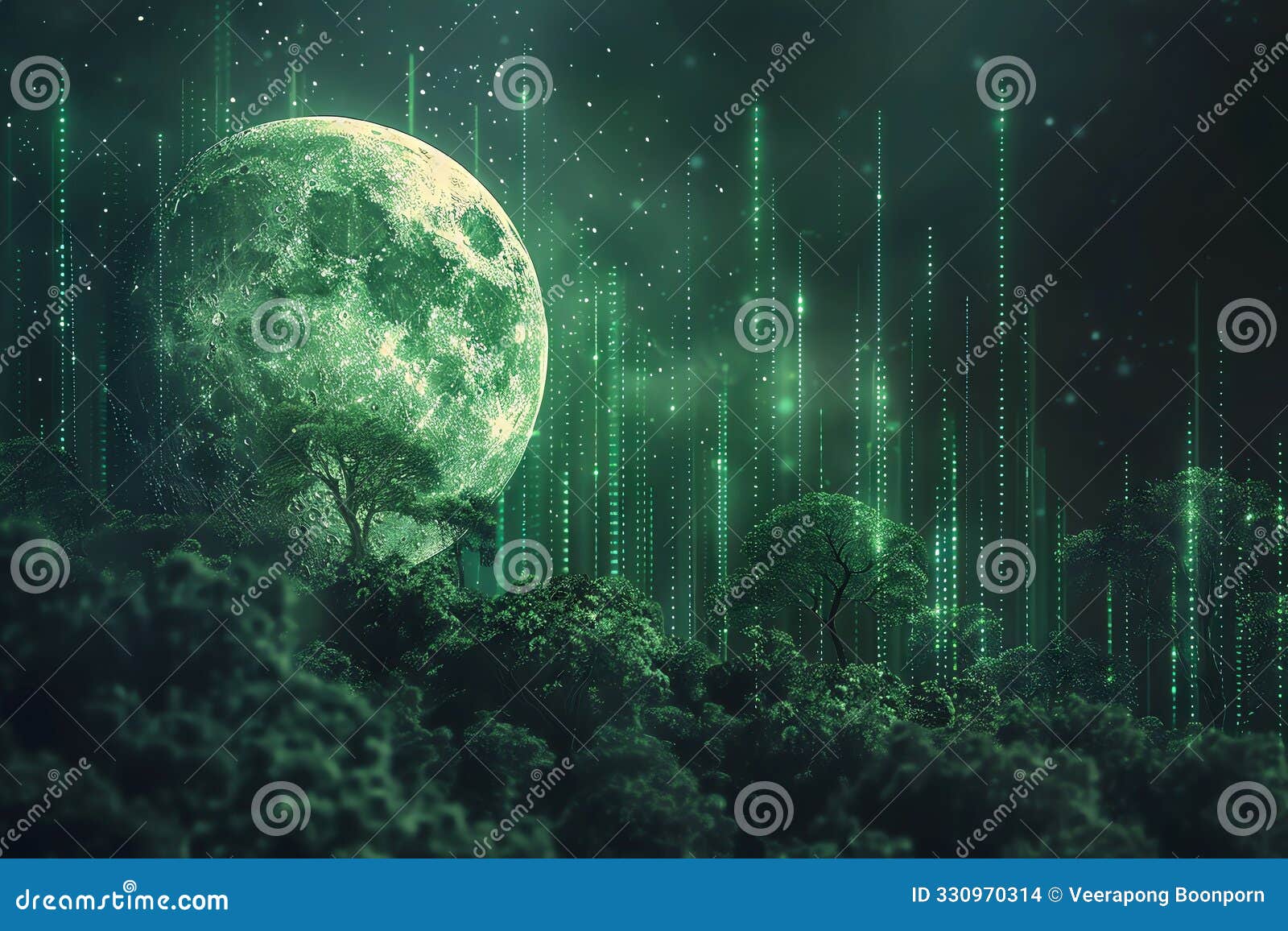 Green Data Matrix and Trees on the Moon, Digital Bar Graphs Stock ...