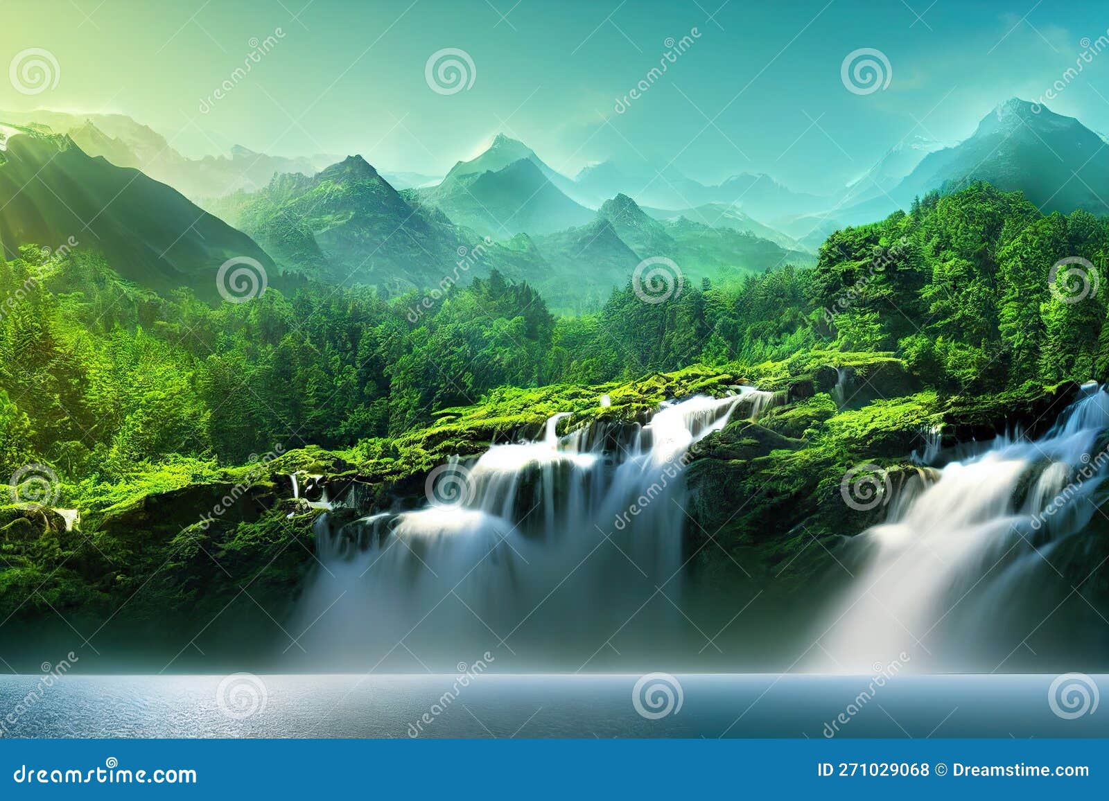 Green Dense Forest and Mountain River with Beautiful Falling Waterfall ...