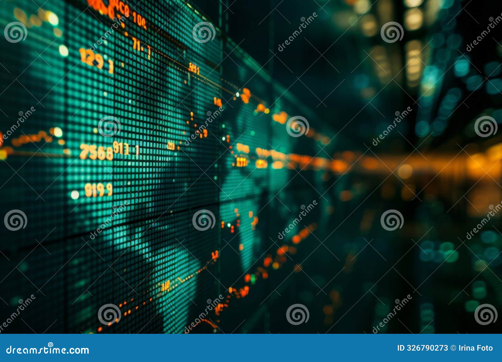 Green Digital Screen with Charts and Financial Data, Map View. Stock ...